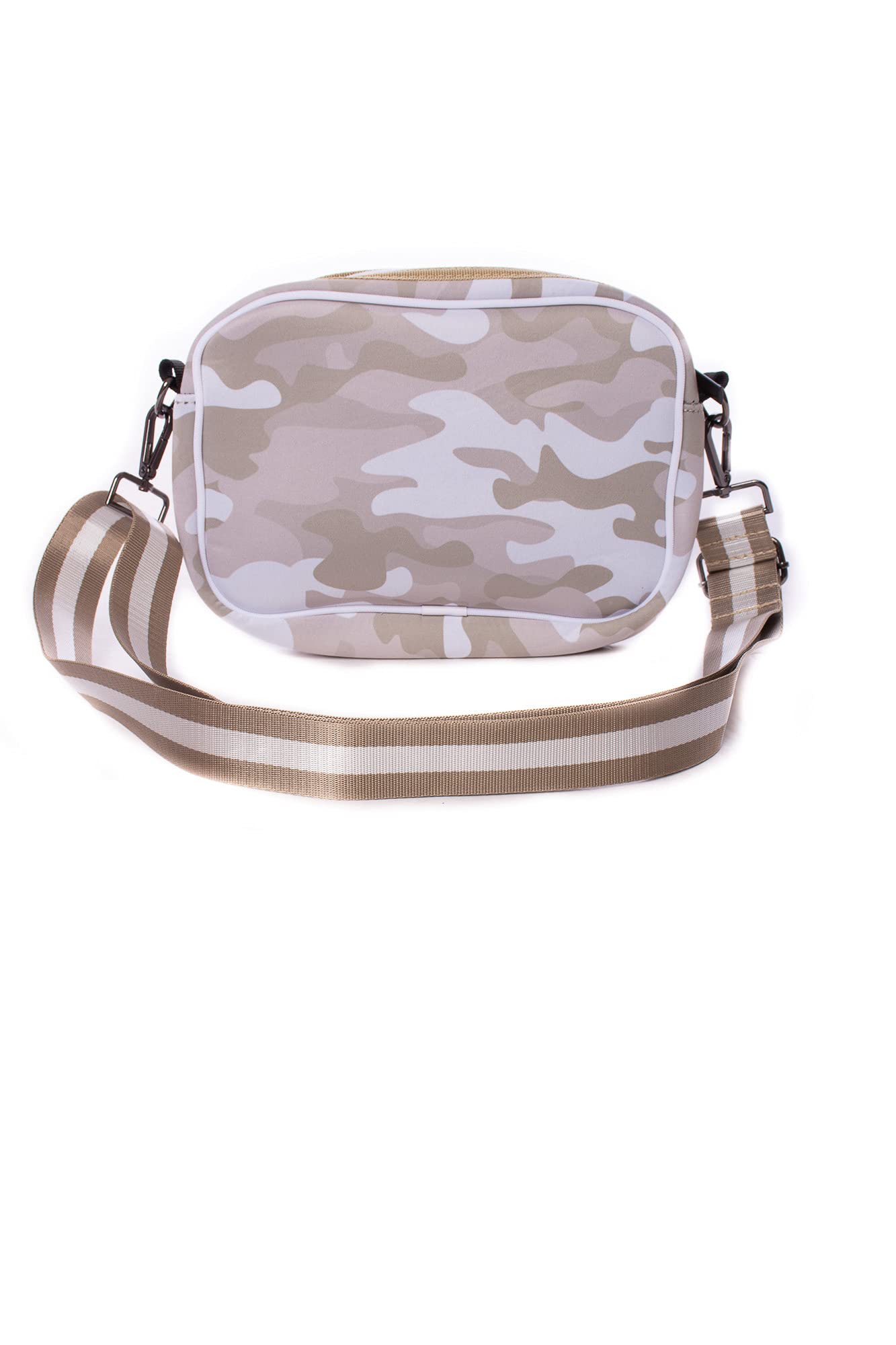 Haute Shore Drew Sahara Crossbody Tote Beige Camo WRose Gold and White Stripe