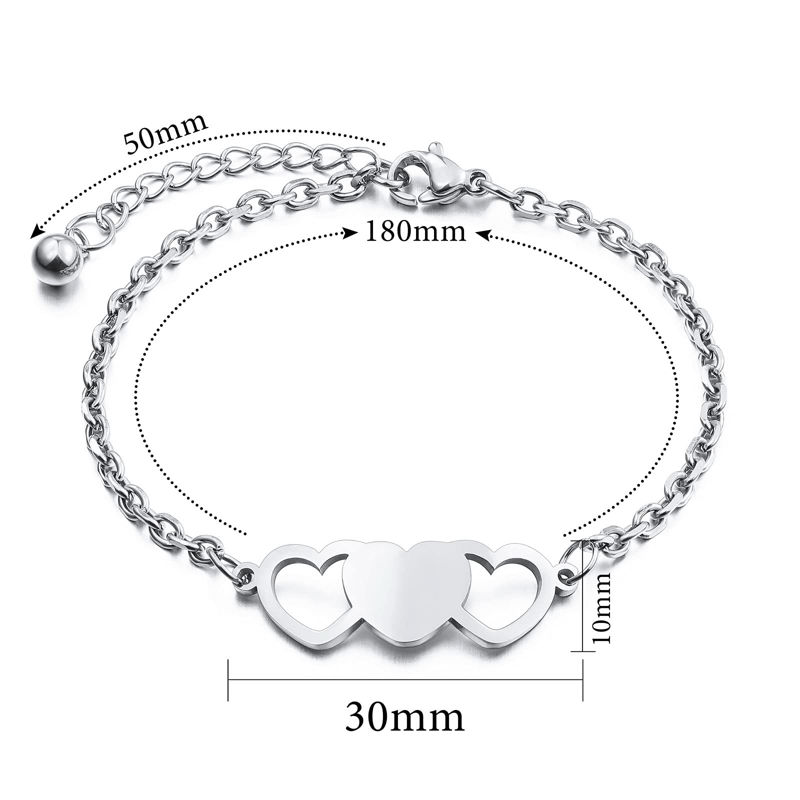 INBLUE 2~3 PCS Personalized Heart Shape Bracelets Set Best Friend Name Customized 1~3 Names for Women Friendship BFF Bracelets for 2~3 Sisters (Silver 3 pcs)