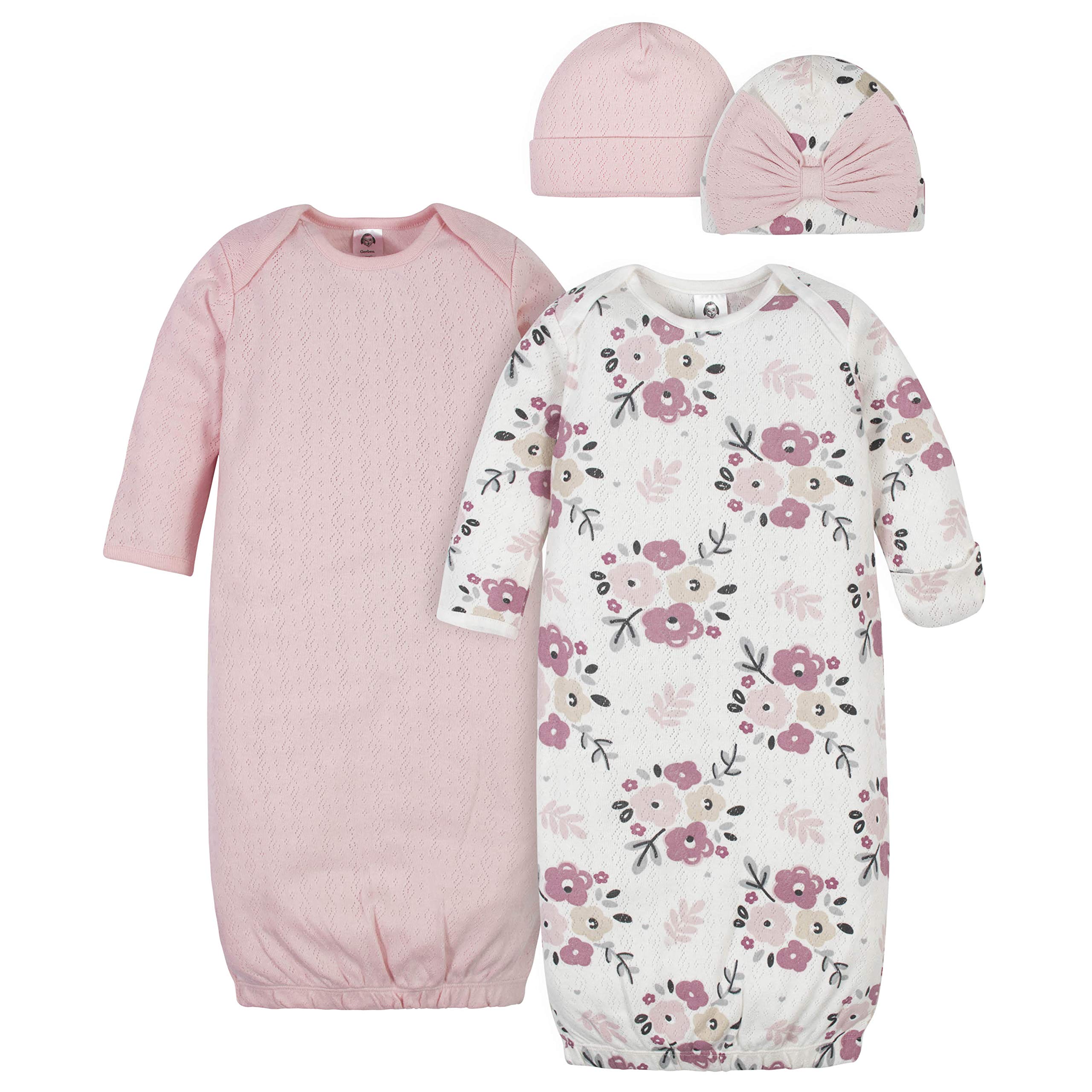 Gerber Baby Girls 4-Piece Gown and Cap Set, Pink Floral, 0-6 Months