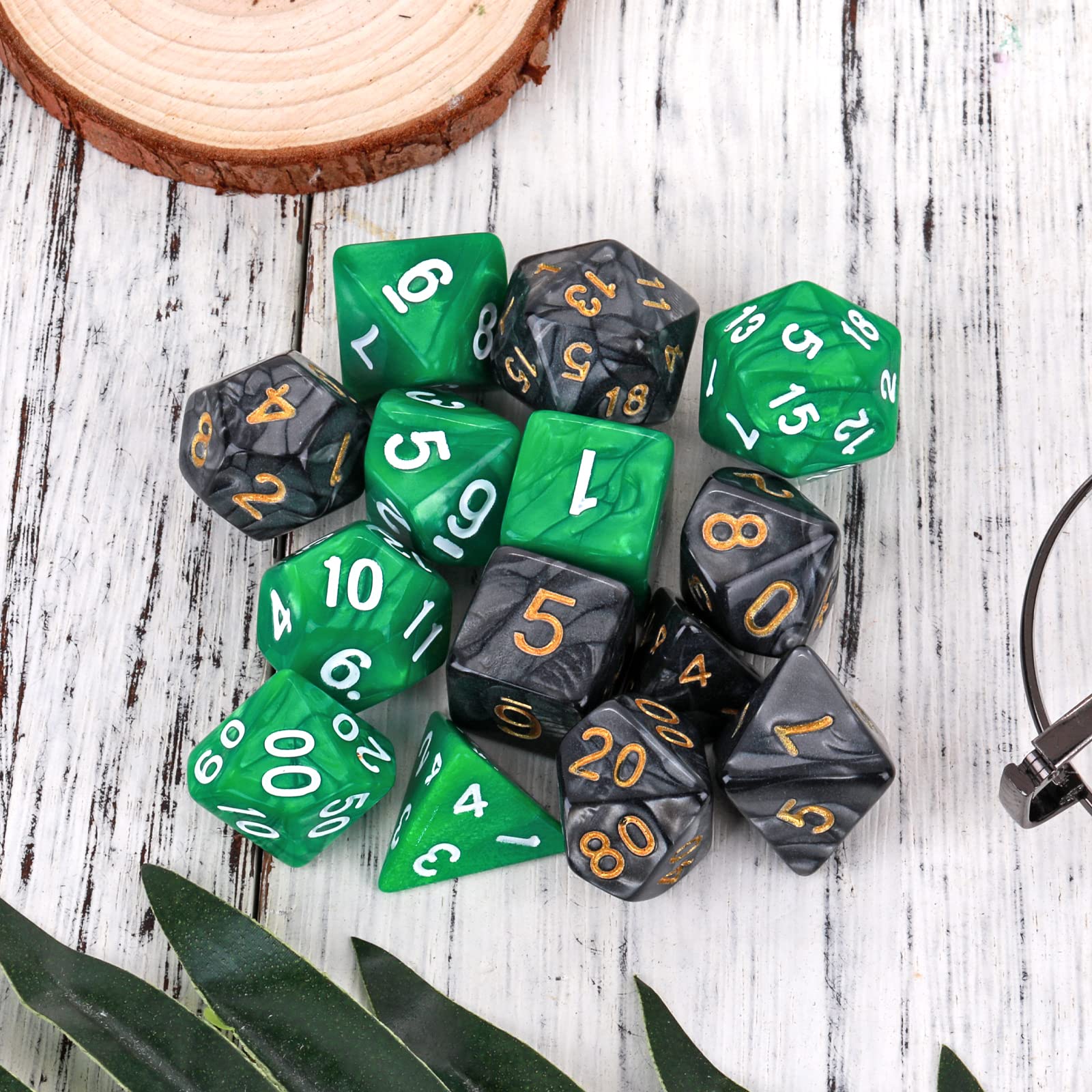 Grevosea 2 Set DND Dice, 14 Pieces Polyhedral Dice Set Table Game Dice with Drawstring Bags D4 D6 D8 D10 D% D12 D20 Multisided Dice for DND MTG RPG Role Playing Dice Games(Green, Black)