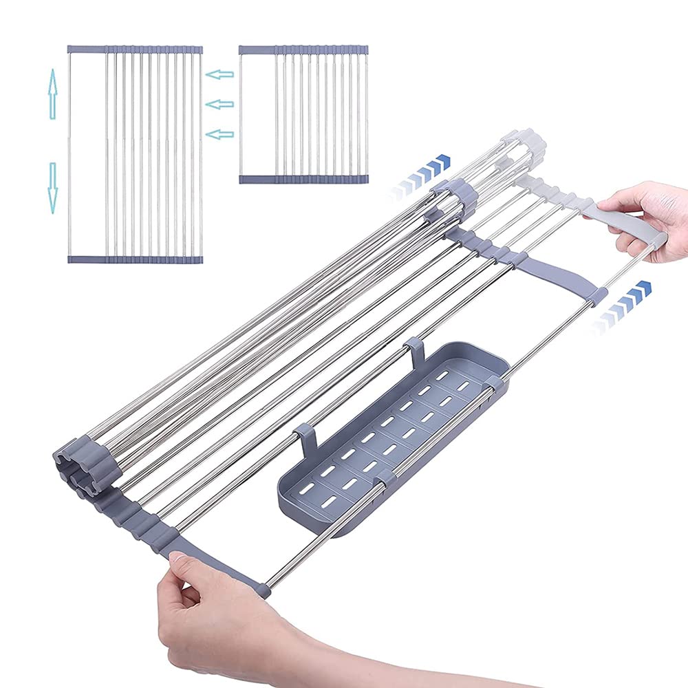 HFEDYZ Roll Up Dish Drying Rack Over The Sink，Collapsible Small Dish Drying Rack，Kitchen Sink Accessories, Expandable Dish Drying Rack with 2 Storage Baskets (Grey)