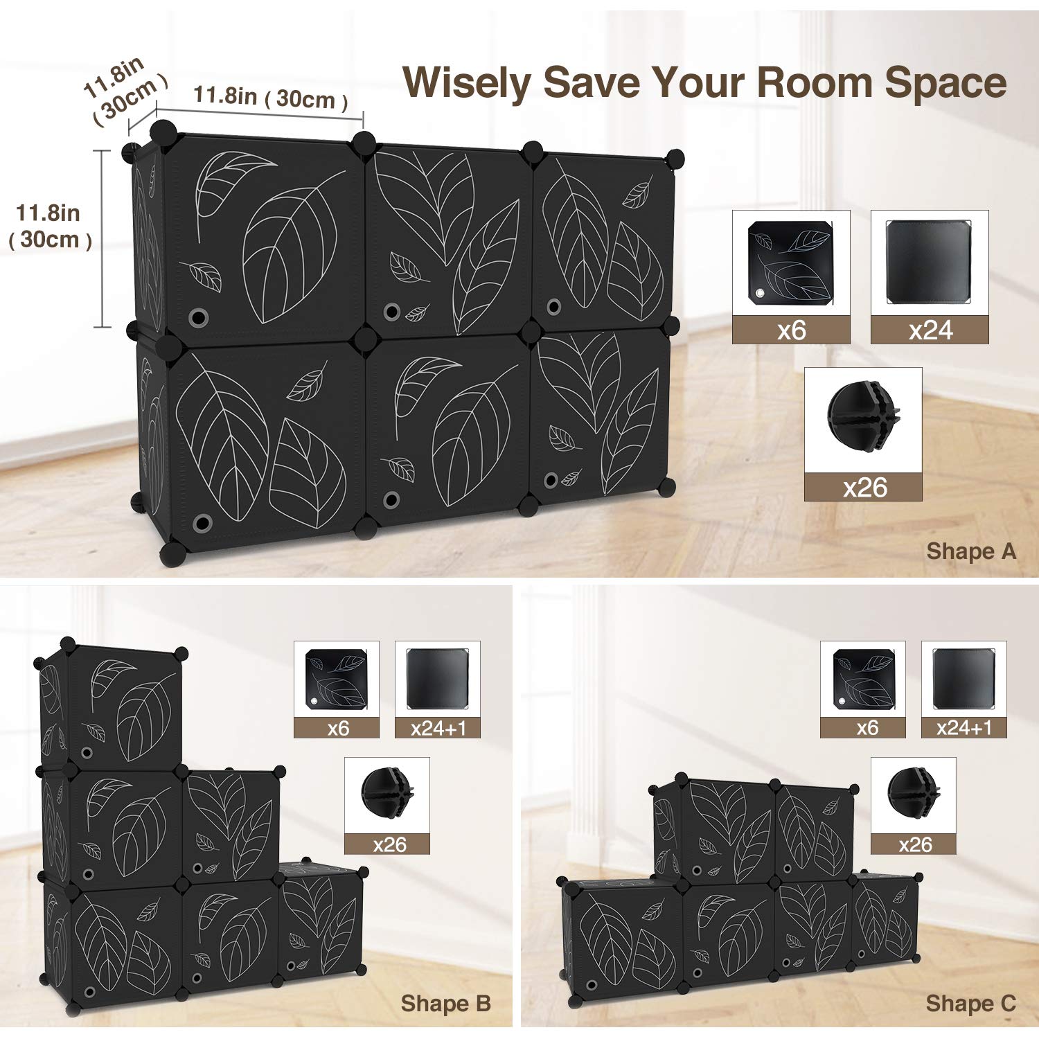 GREENSTELL Cube Storage Organizer, 6-Cube Closet Organizer with Doors, DIY Plastic Storage Cubes Organizer, Modular Storage Cabinet Book Shelf Shelving for Bedroom, Living Room, Office Black