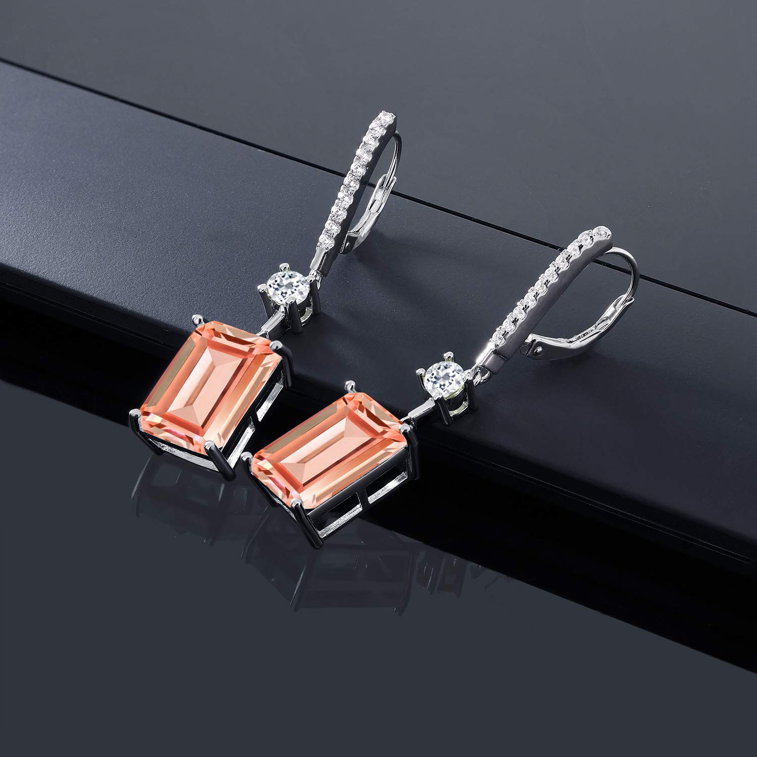 Gem Stone King 925 Sterling Silver Peach Nano Morganite and White Topaz Dangle Earrings For Women (13.56 Cttw, Emerald Cut 14X10MM)