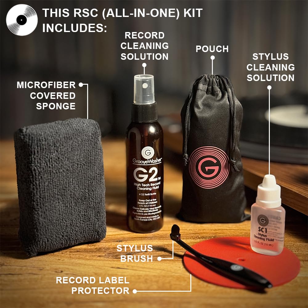 GrooveWasher Record & Stylus Care System β Record Cleaning Fluid & Large Scratch-Free Cleaning Pad with Delicate Stylus Brush & Cleaning Solution + Bonus Label Mask, Protect & Preserve Vinyl Records