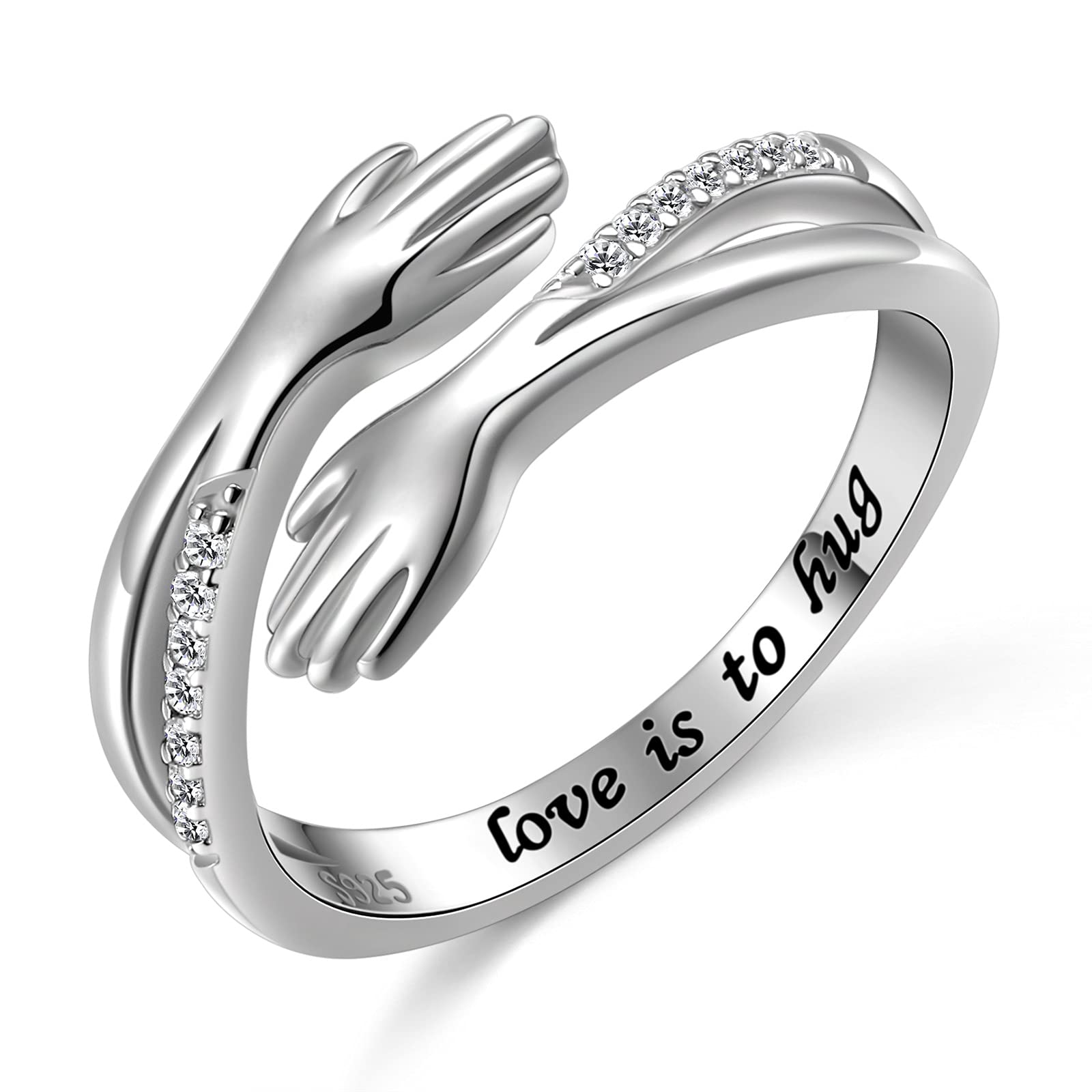 Hug Ring, 925 Sterling Silver Hugging Hands CZ Open Ring Engraved Love is to Hug Embrace Statement Promise Anniversary Ring, US Size: 5