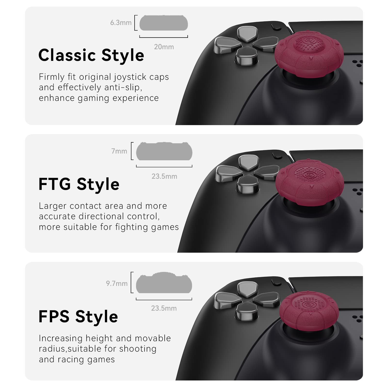 GeekShare Thumb Grip Caps for Playstation 5 Controller, Thumbsticks Cover Set Compatible with Switch Pro Controller and PS4 PS5 Controller, 3 Pairs / 6 Pcs (Dark Red)