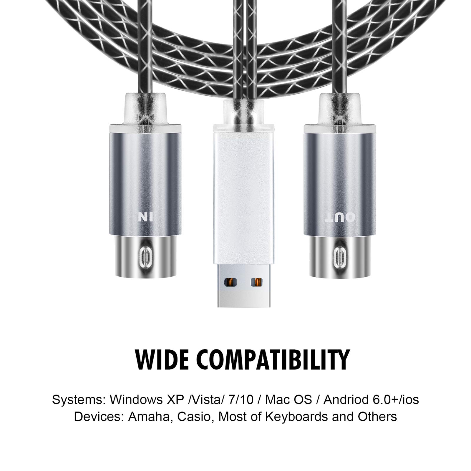 havit MIDI Cable 5 Pin MIDI to USB Cable MIDI Interface in-Out to USB Converter MIDI Adapter with Indicator for Piano Keyboard to PC Mac Laptop