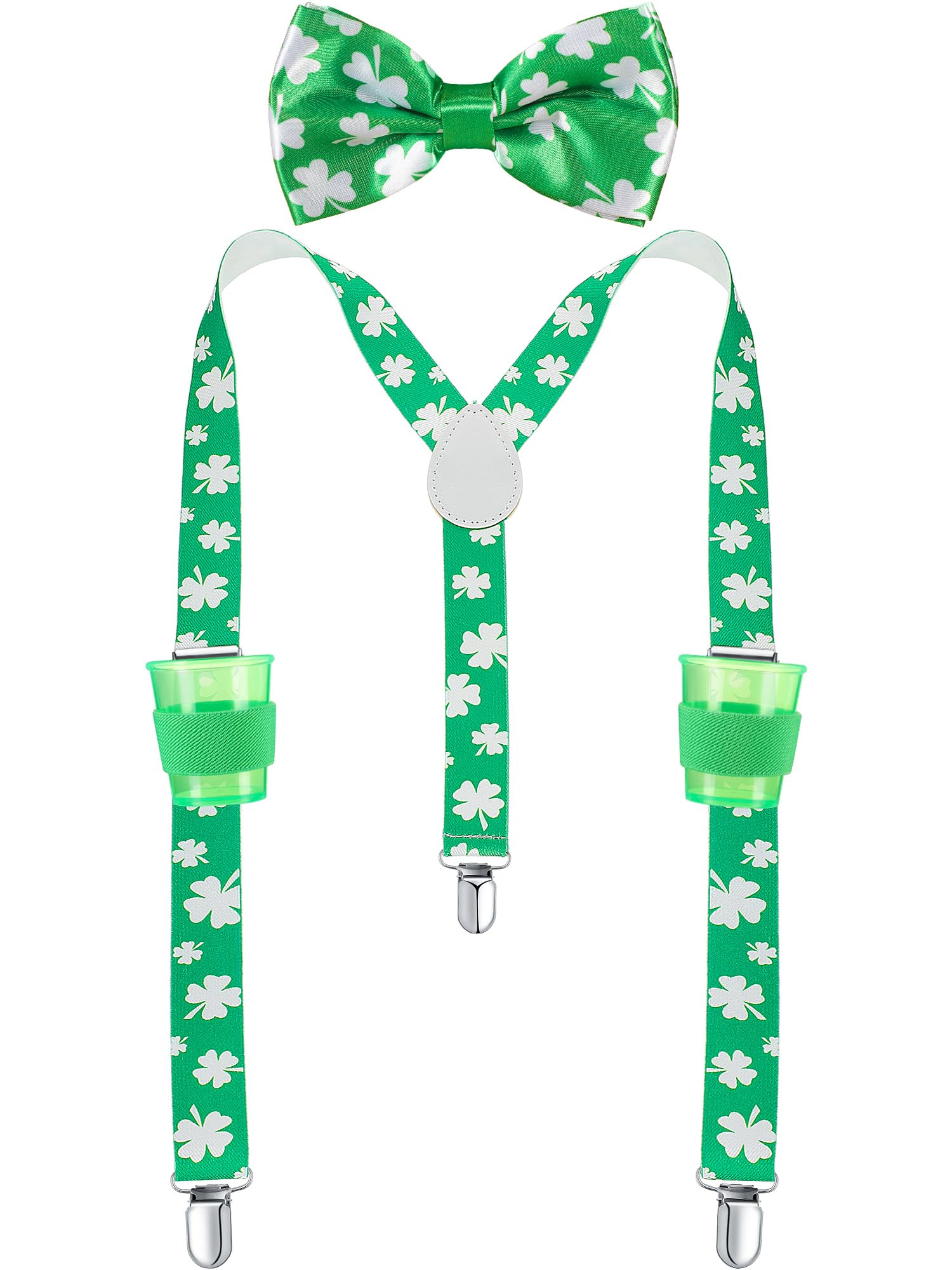Geyoga St Patricks Green Suspenders St Patricks Day Suspenders Adjustable Elastic Men's Suspenders with Clips Shamrocks Suspender with Shamrocks Bowtie Cups Pins Saint Patricks Day Accessories