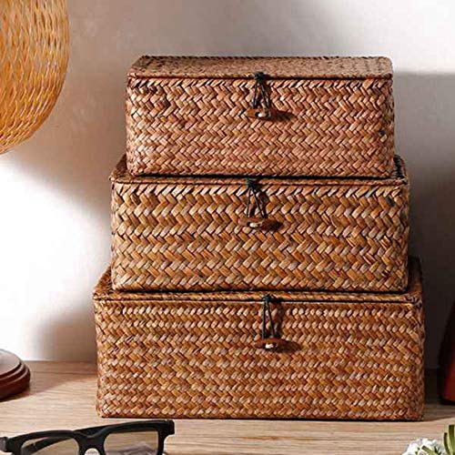 Jaquiain Woven Straw Storage Bins with Lid - 4 - Rectangular Seagrass Basket/Storage Basket for Shelf Organizer