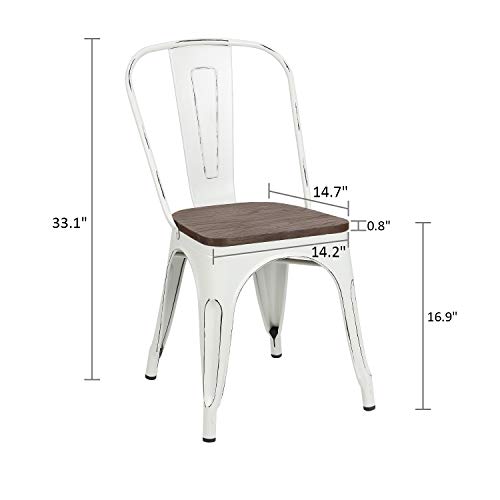 Furniwell Metal Dining Chairs with Wood Seat, Indoor Outdoor Use Stackable Tolix Industrial Metal Chairs Set of 4 for Kitchen, Dining Room, Bistro and Cafe (White)