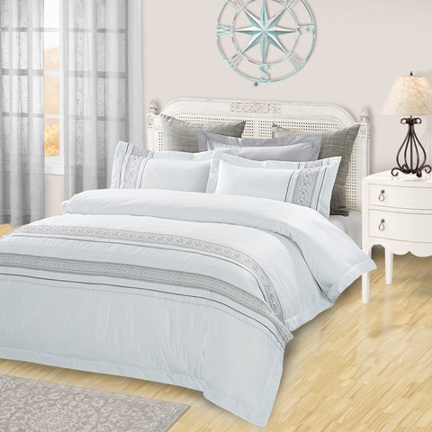 SUPERIOR Burlington Embroidered Duvet Cover Set, Premium Long-Staple Cotton,King/Cal King, White