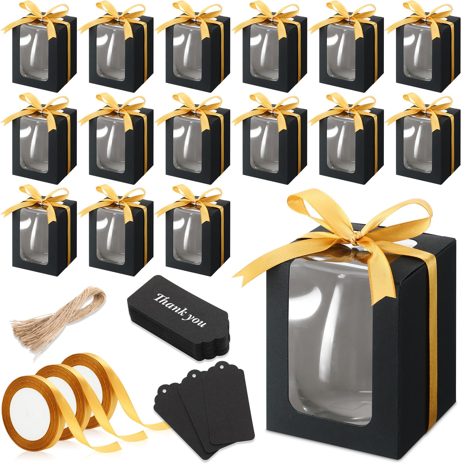 Fulmoon 50 Pack Gift Boxes for Wine Glass Transparent Gift Packaging Box for 9 oz Stemless Glass Paper Gift Box with Ribbon Tag Hemp Rope for Wedding Bridal Shower Baby Shower Birthday(Black)