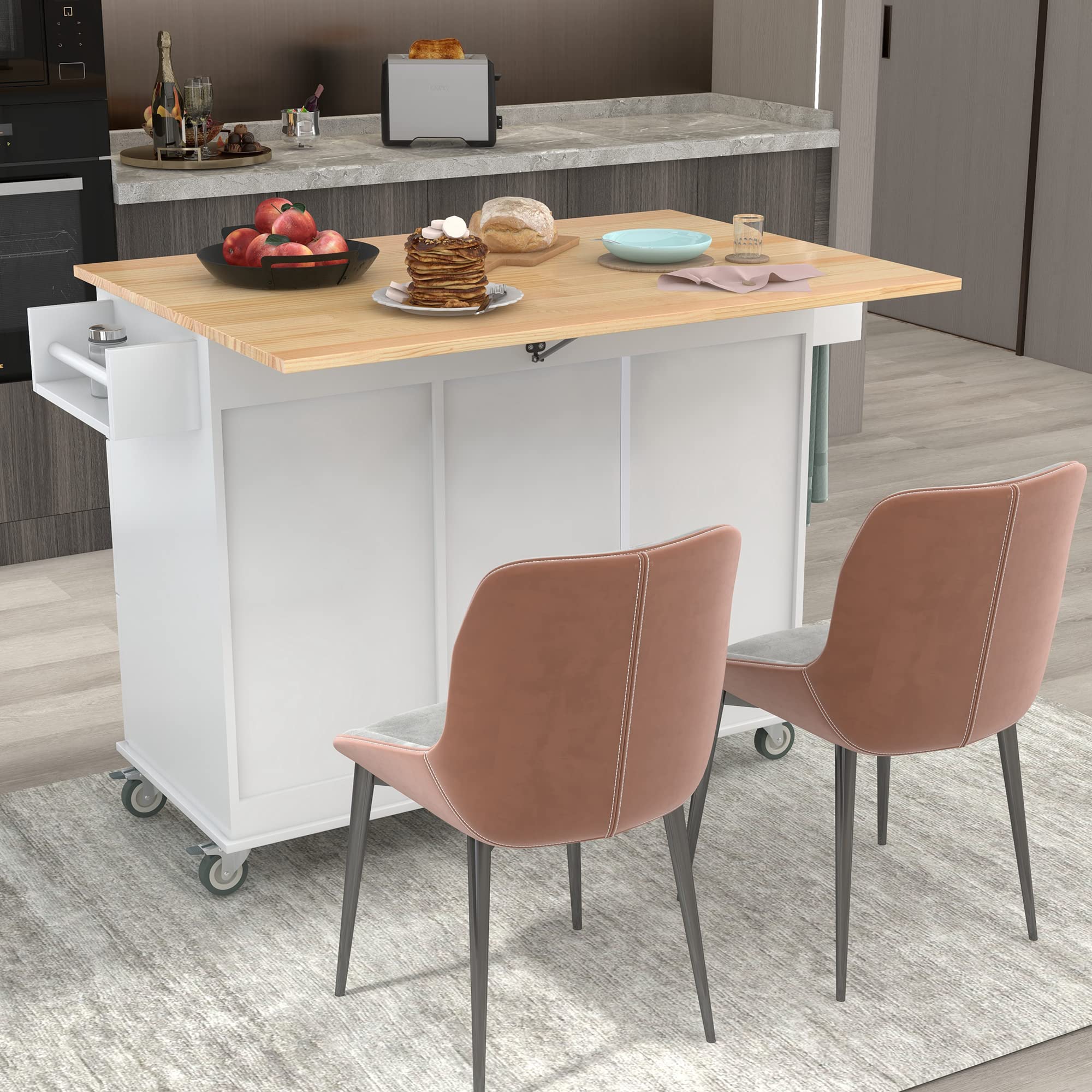 GLANZEND 52.7" Rolling Mobile Kitchen Island Cart with Drop Leaf Wood Top, Adjustable Shelves Coffee Bar Trolley on Lockable Casters & Storage Cabinet & 3 Drawers for Dining Room, White