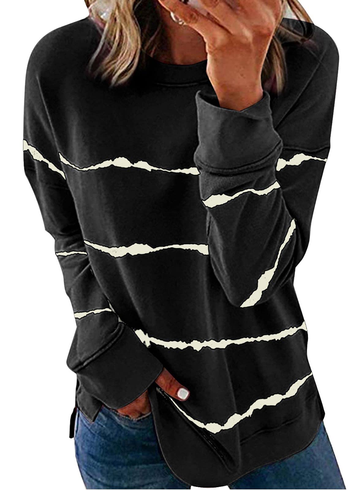 Happy Sailed Womens Casual Long Sleeve Round Neck Sweatshirt Tie Dye Printed Striped Pullover Tops,Small Black
