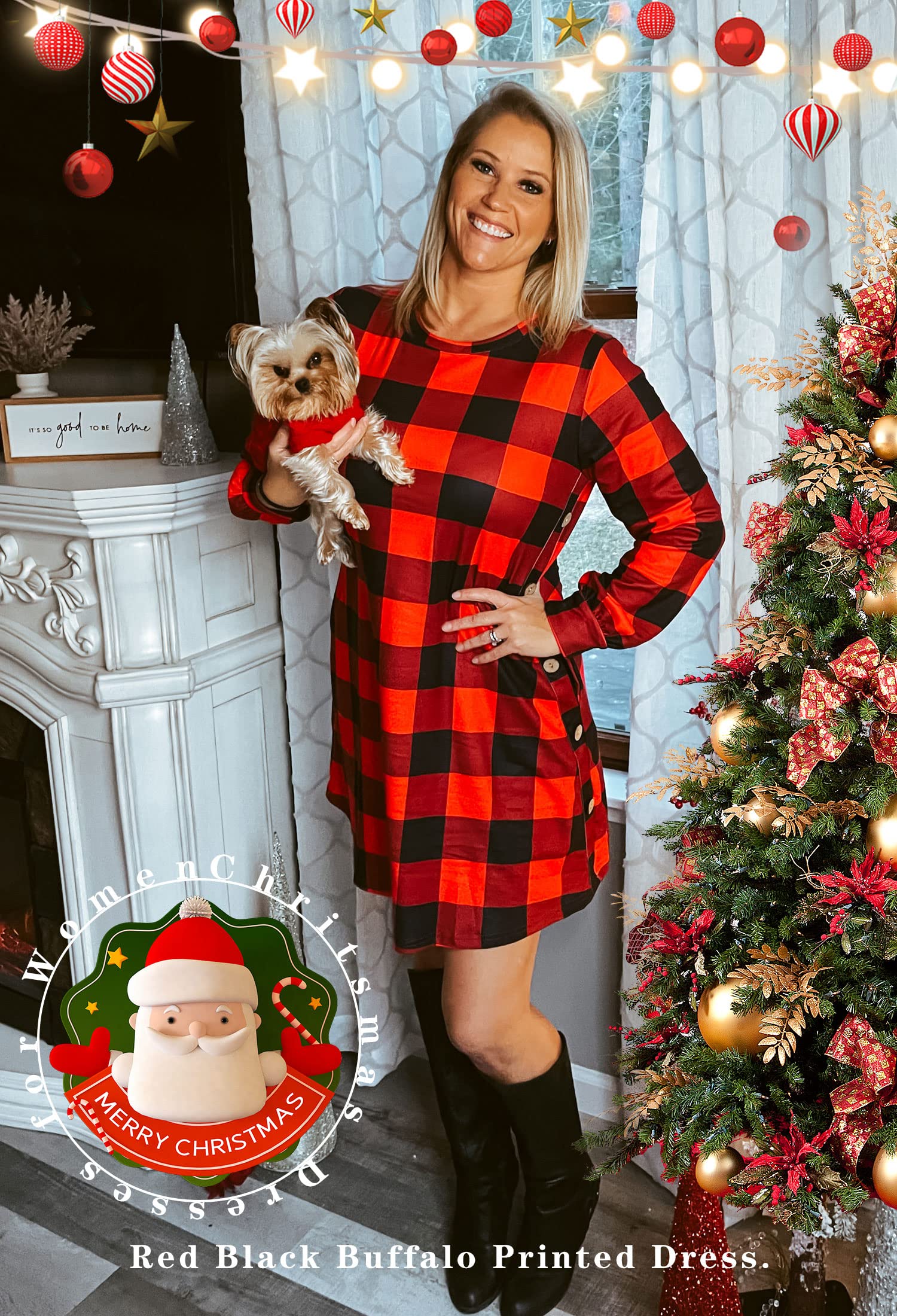 Glanzition Plaid Dress for Women Christmas Knee Length Tunic Dresses Red L