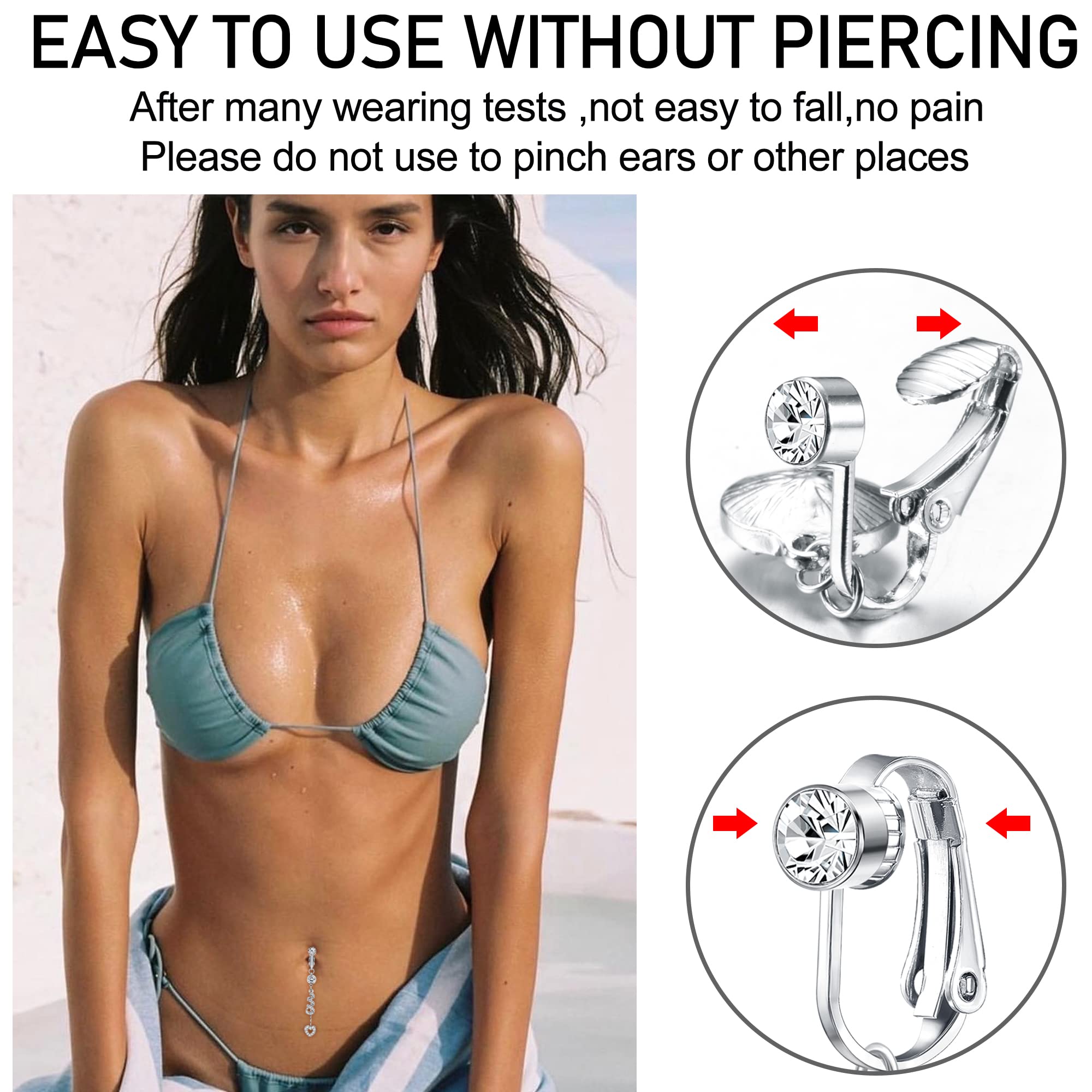 IRONBOX 10 Pcs Fake Belly Ring for Women Fake Dangle Belly Button Rings Non Piercing CZ Opal Butterfly Moon Clip on Belly Button Rings