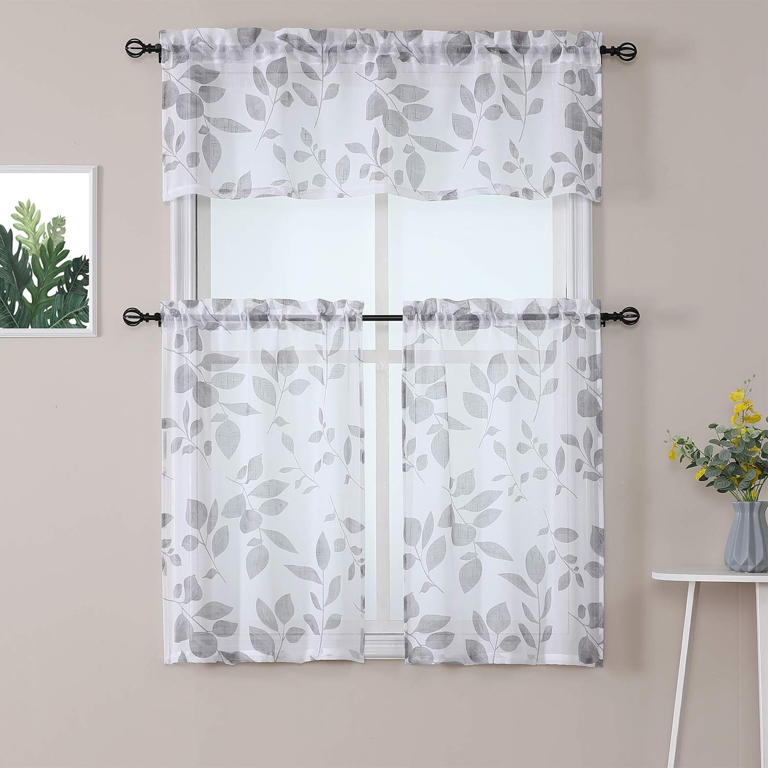 Haperlare Leaves Printed Kitchen Curtain Valance, Floral Leaf Pattern Sheer Valance Curtains for Kitchen Cafe Curtains Linen Textured Look Bathroom Window Curtains, 52" W x 15" L, Taupe, One Panel