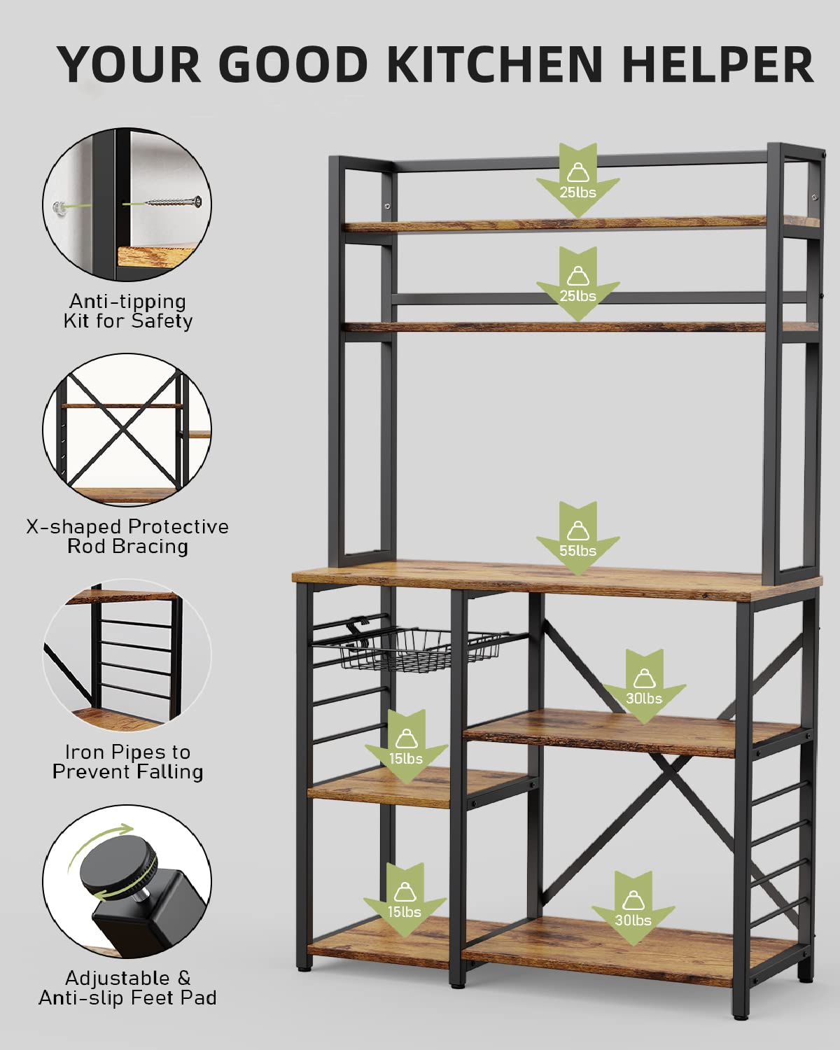 Gizoon Home Kitchen Baker's Rack with Spacious Storage, 5 Tier Versatile Microwave Stand Shelf with Basket & Side Hooks,Free Standing, Sturdy, Durable-Retro