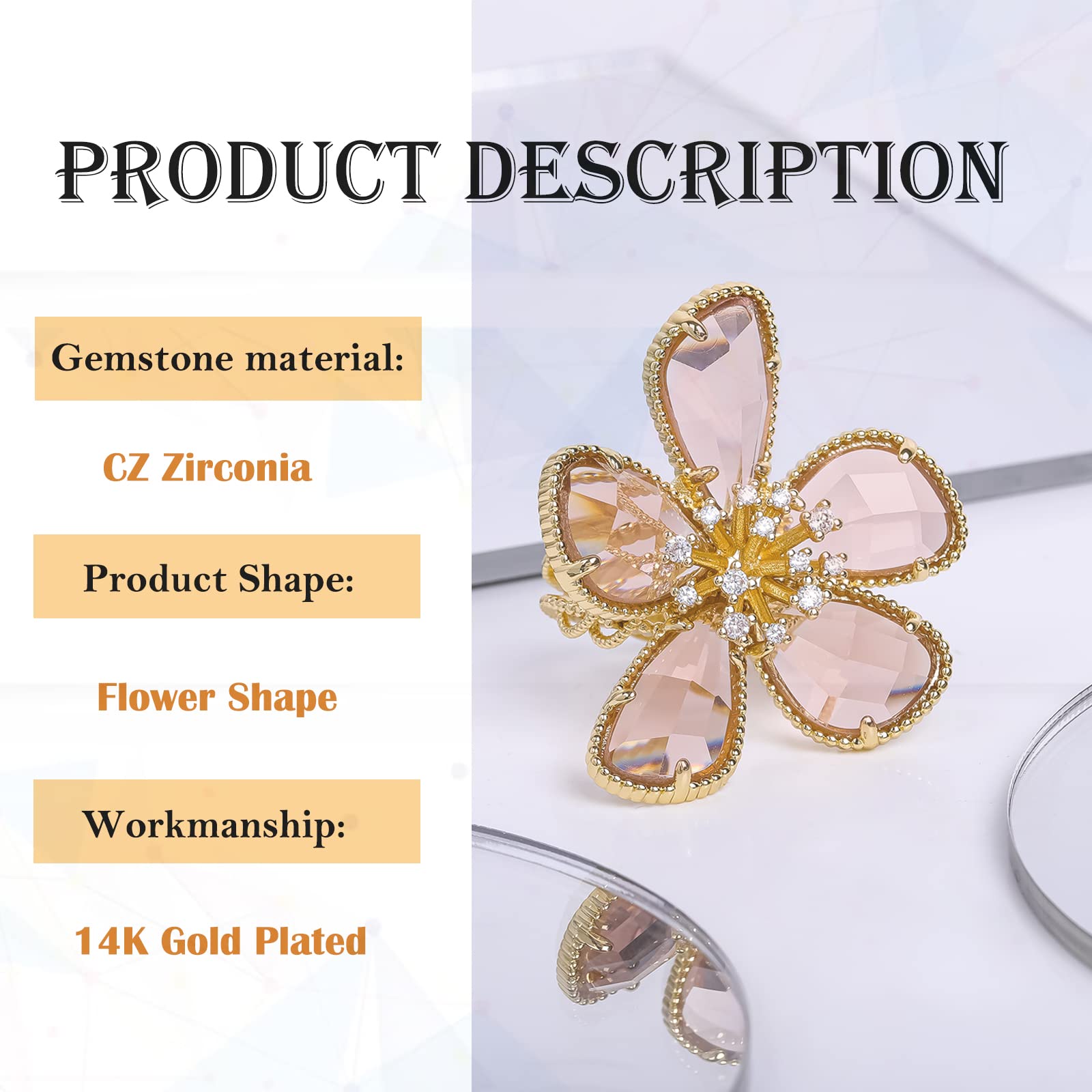 MACENT Flower Crystal Rings for Women,Crystal Petal Ring,Size Adjustable Ring Gift for Women Girl(Pink)