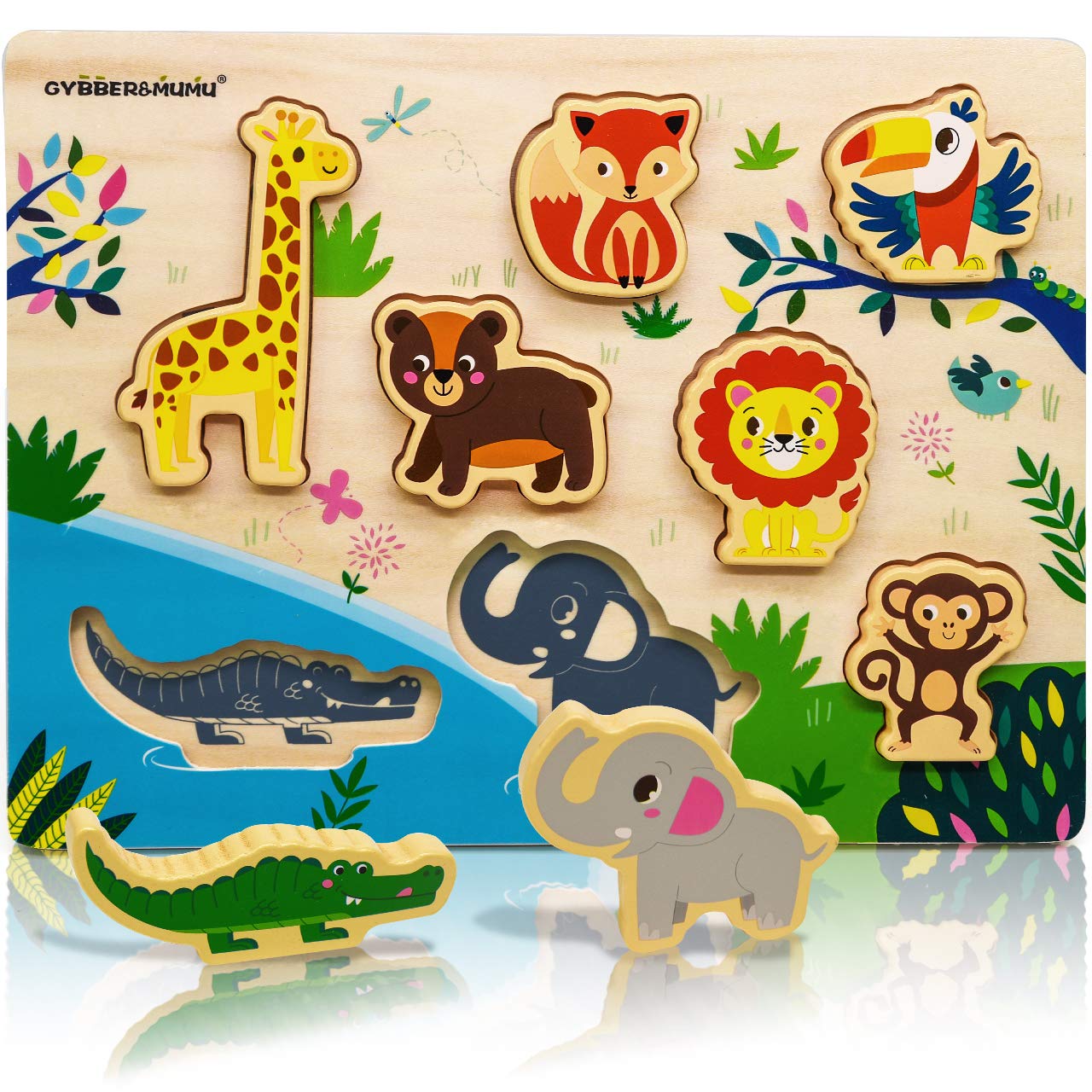 GYBBER&MUMU Animals Shape Sorter Board Wooden Peg Puzzles for Toddlers Early Skills Educational Toys