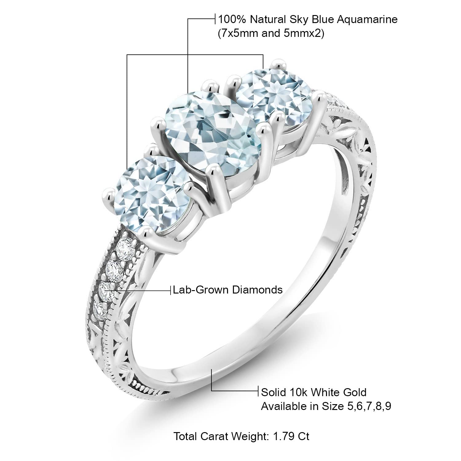Gem Stone King 10K White Gold Sky Blue Aquamarine and White Lab Grown Diamond 3 Stone Engagement Ring For Women (1.79 Cttw, Oval Gemstone March Birthstone, Available in size 5, 6, 7, 8, 9)