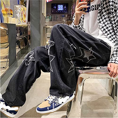 Y2K Baggy Jeans Mens Straight Wide Leg Vintage Denim Pants Black Hip Hop Patchwork Trousers