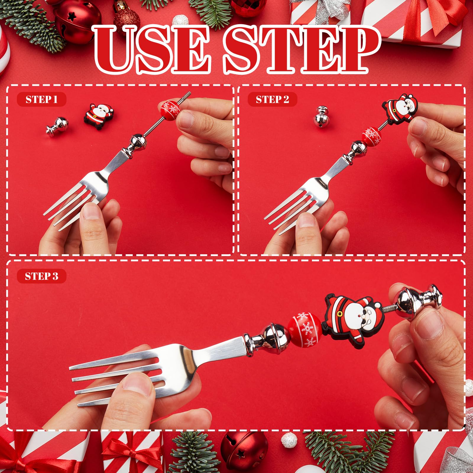 Gisafai 12 Sets Christmas Beadable Spoon Fork Set Beadable Items Christmas Kitchen Utensils Xmas Cutlery Bead Dessert Spoon for Christmas Party Favor Supplies