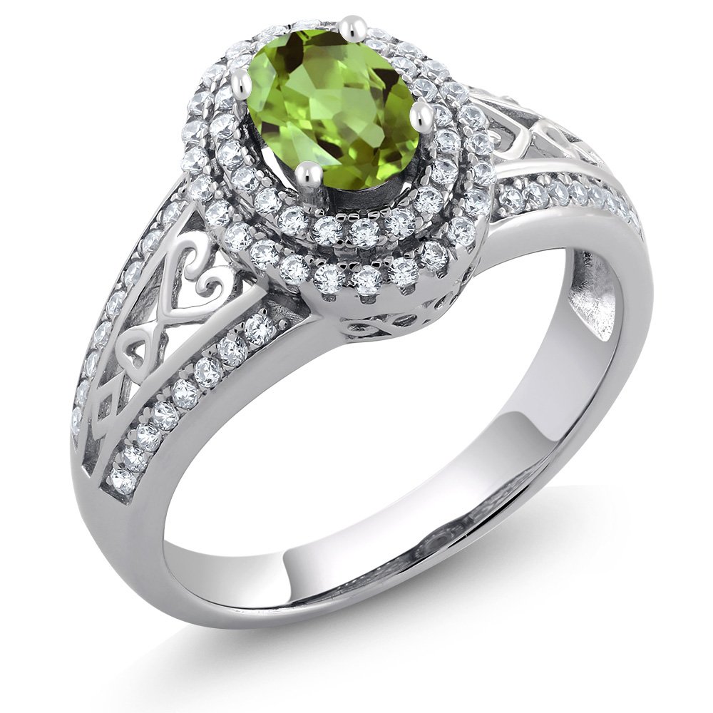 Gem Stone King 1.36 Cttw Green Peridot Engagement Ring In 925 Sterling Silver | Gemstone Birthstone | Oval 6X4MM | Wedding Anniversary Promise Ring For Women | Available In Size 5, 6, 7, 8, 9