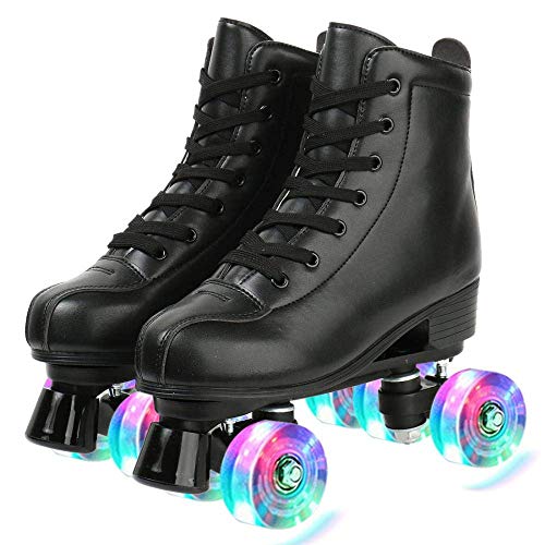 Women's Roller Skates Classic Leather High Top Double Row Skates Four-Wheel Shiny Roller Skates Perfect Indoor Outdoor Adult Roller Skates with Bag (Flash Wheel)