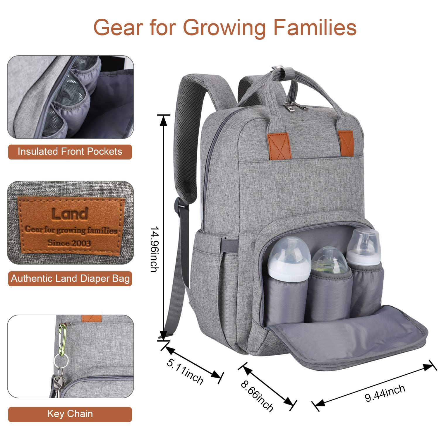 Iduola Land Diaper Bag Backpack Large Capacity Waterproof Baby Travel Bag for Dad Mom Light Grey