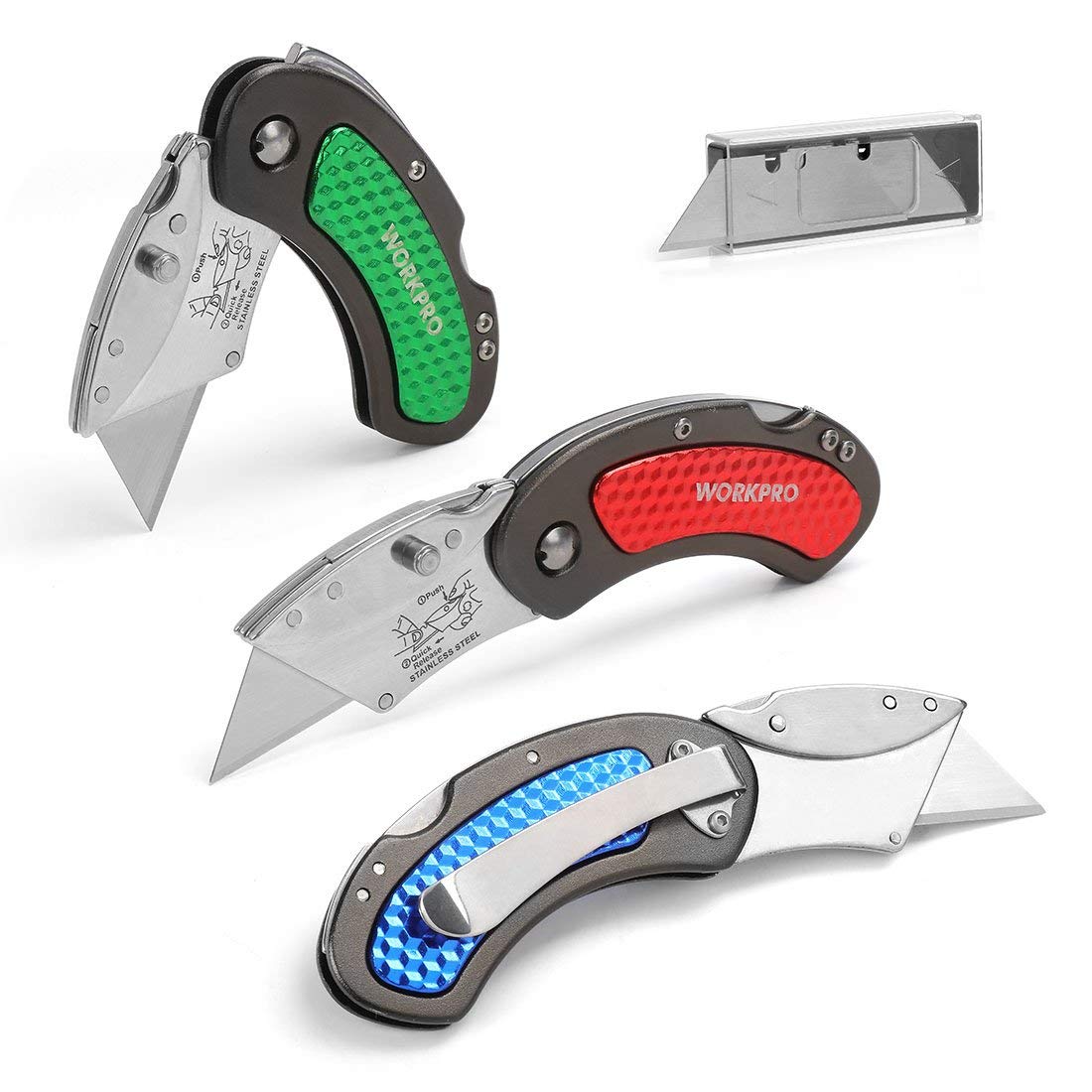 WORKPRO Utility Knife Blades Dispenser SK5 Steel 100-pack and WORKPRO 3-Piece Folding Utility Knife Set with 10-Piece Extra Blades