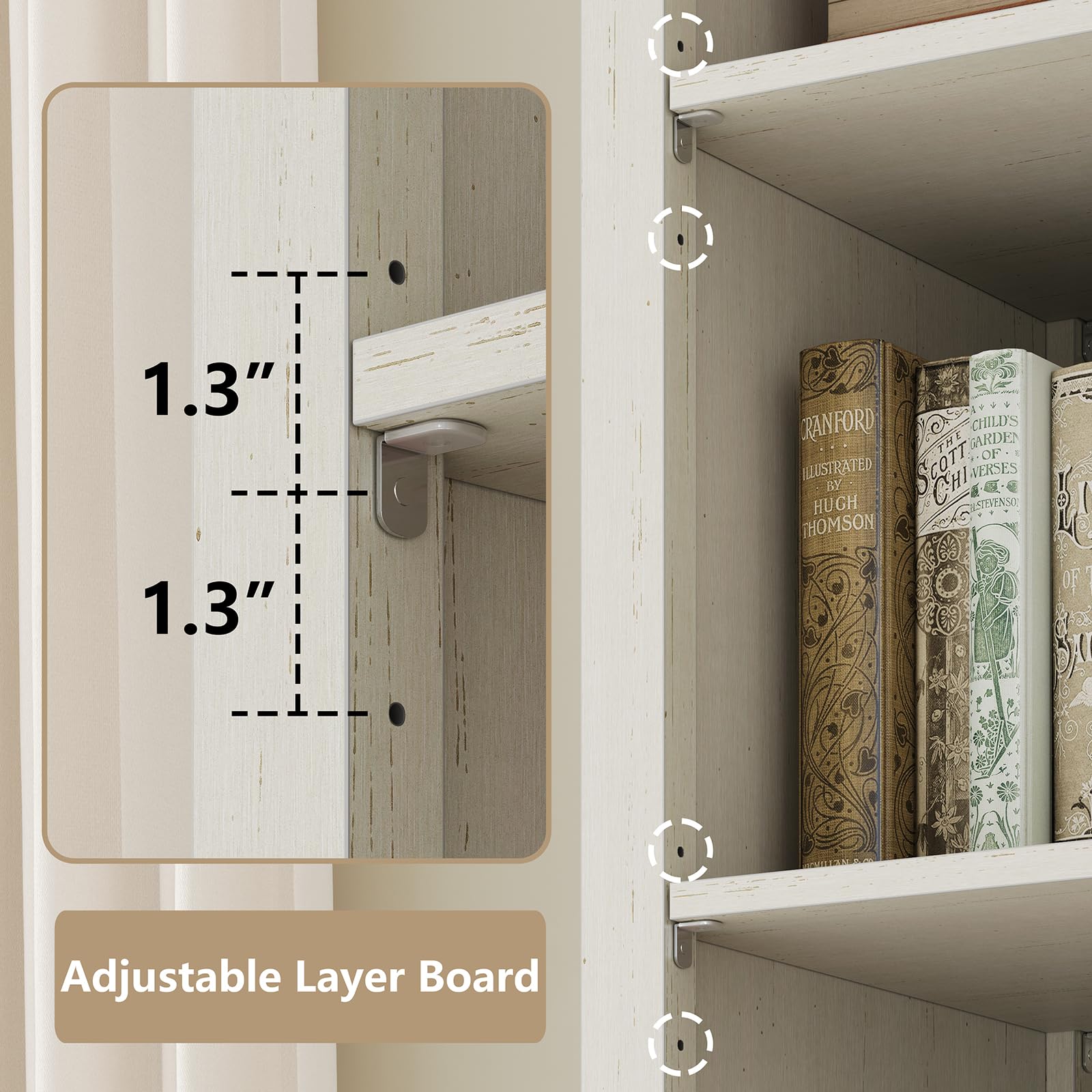 furomate Farmhouse Bookcase and Bookshelf with Doors, 5-Shelf Bookcase Adjustable Bookshelf, Wood Bookcase Tall Storage Cabinet for Bedroom, Living Room, Kitchen, White