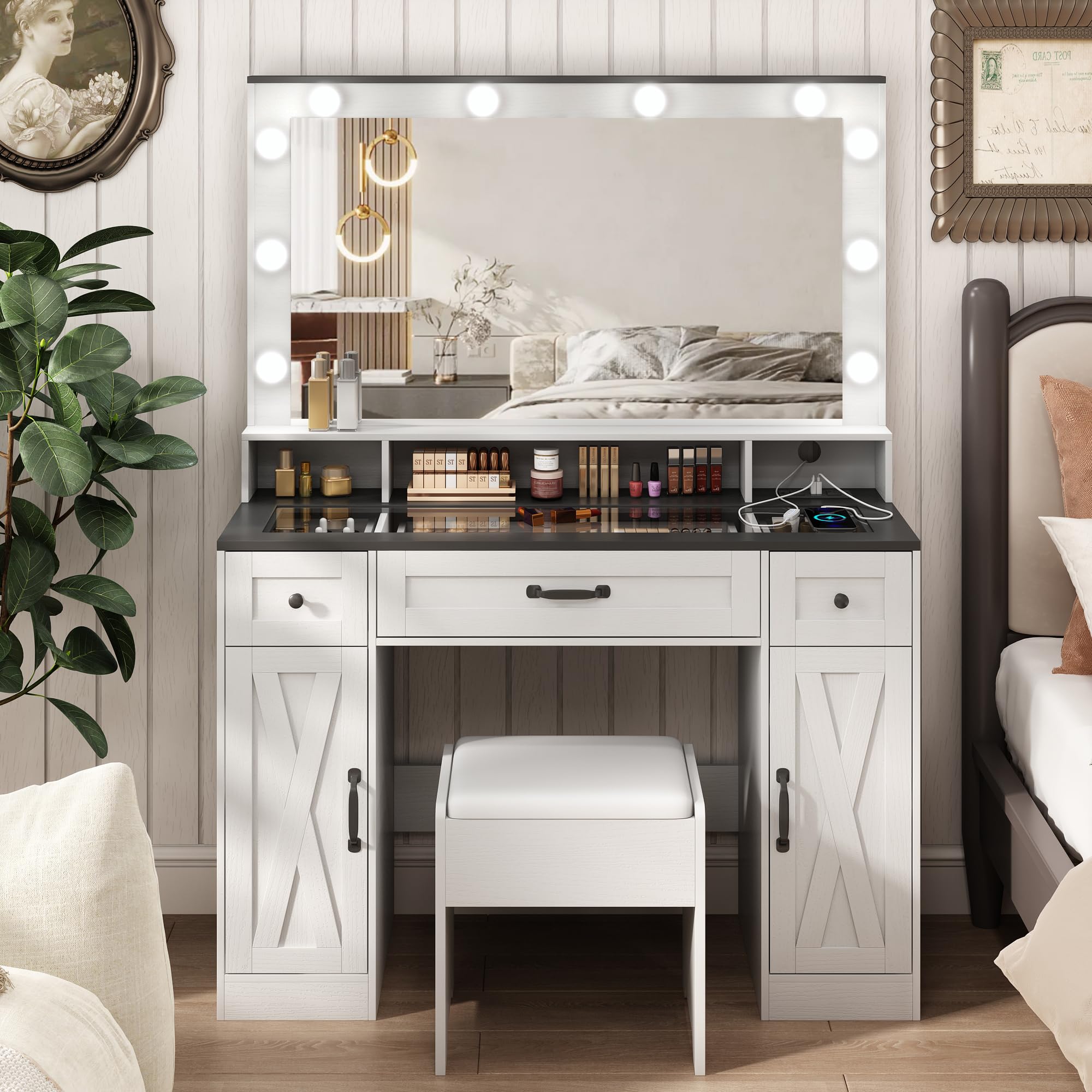 Vabches Vanity Desk with Mirror and Lights,Glass Top,Makeup Vanity Table Set with Stool,Charging Station and 3 Lighting Modes,2 Cabinets 4 Drawers Dressing Table,White