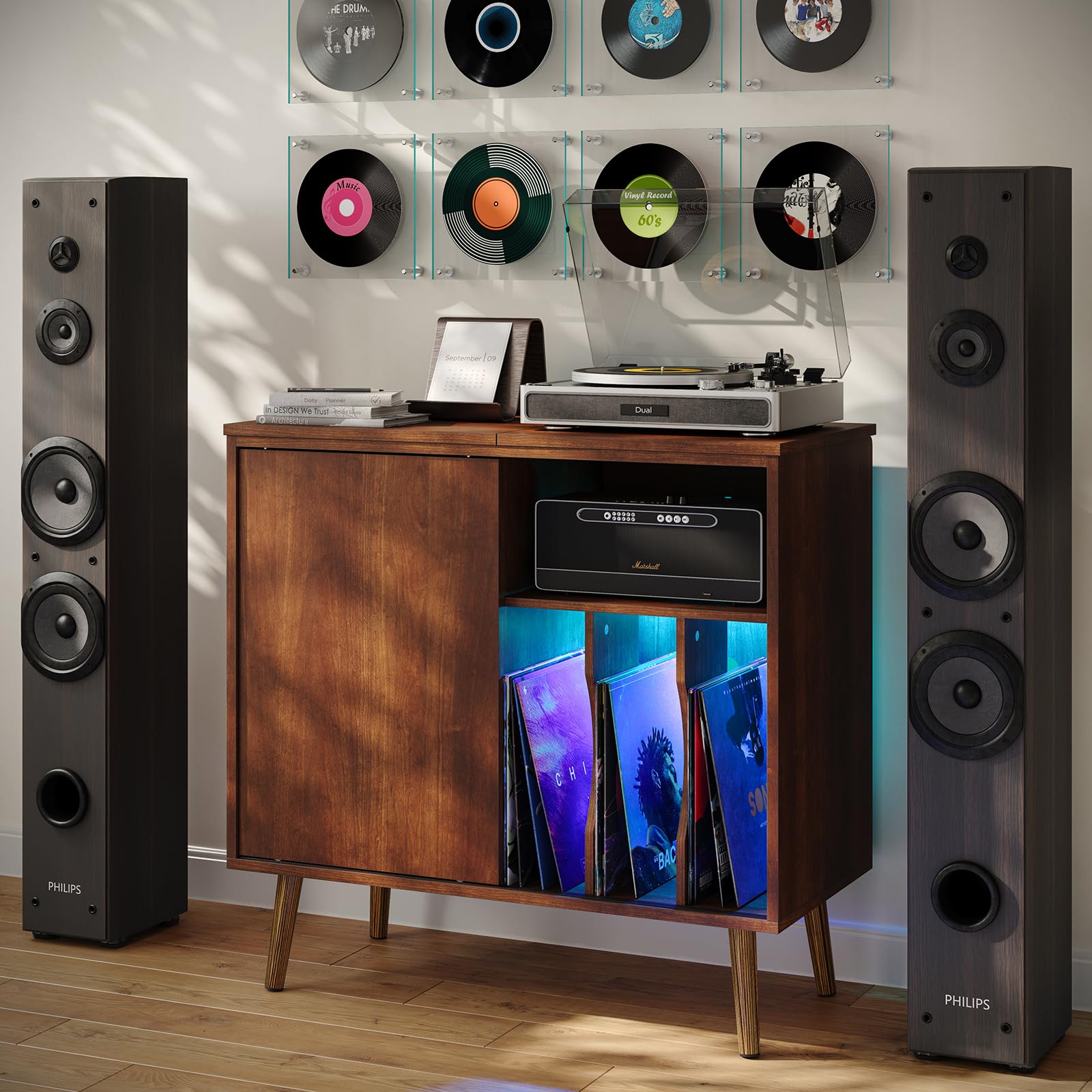 furomate Record Player Stand with Storage, 2 Tier Vinyl Record Storage Cabinet, Mid-Century Record Player Table with Power Outlets & LED Lights, Turntable Stand for Living Room, Mahogany