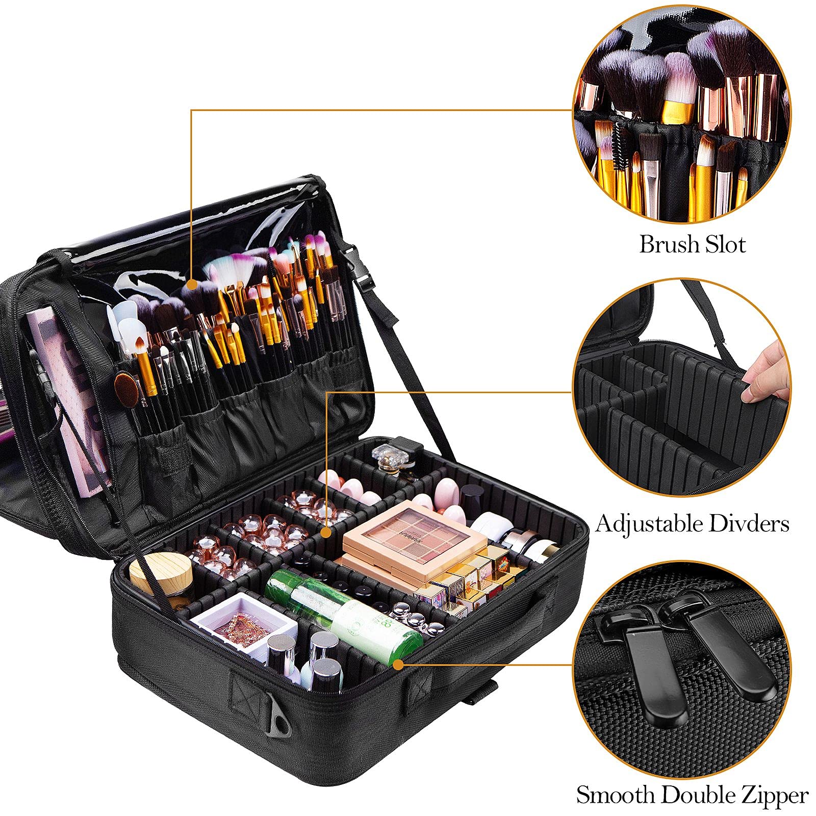 JAZZ GORDON Makeup Bag Large 3 Layers Travel Makeup Organizer Professional Makeup Case Portable Artist Storage Mkeup Brush Bag with Adjustable Dividers,Straps (Black)
