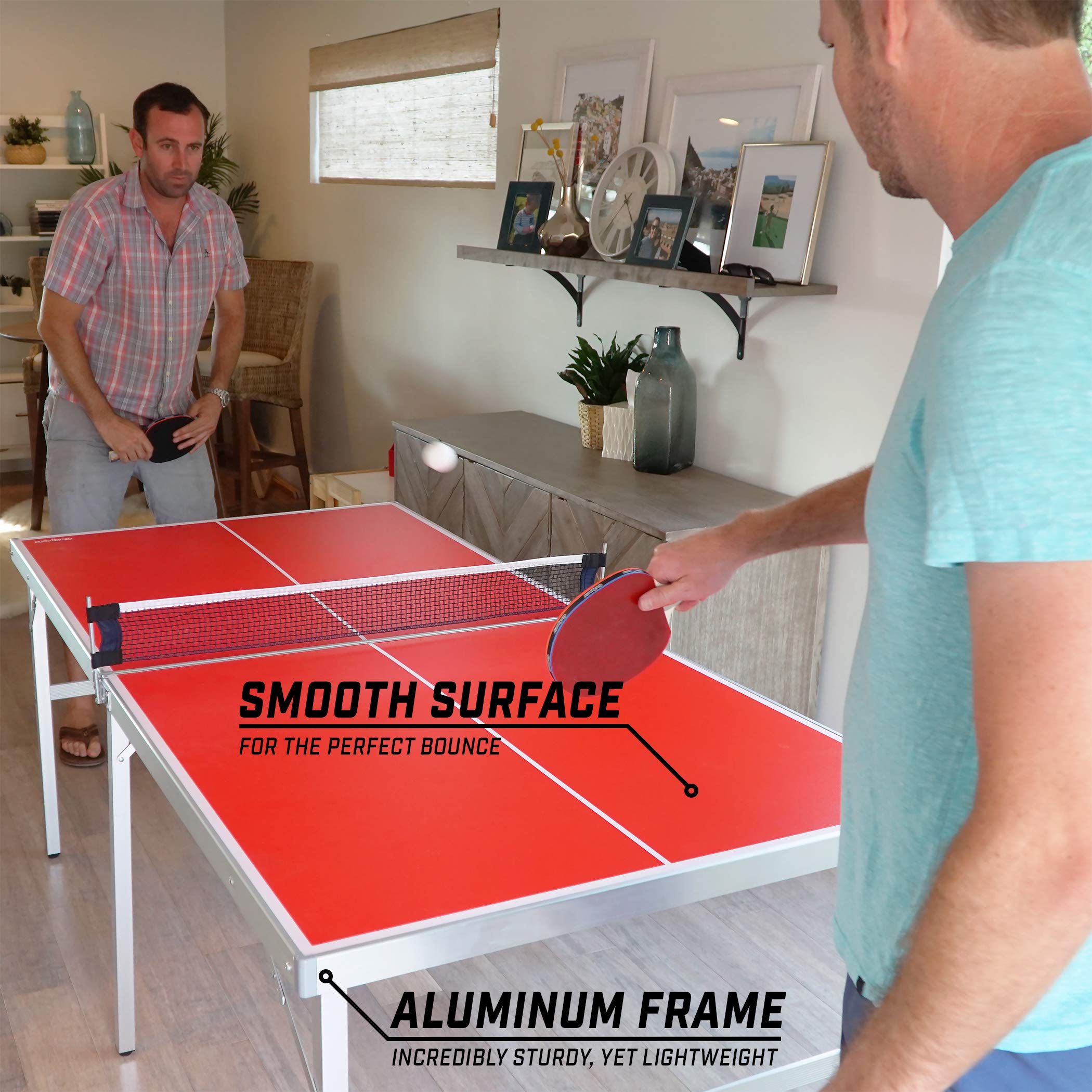 GoSports Mid-Size Table Tennis Game Set - Indoor/Outdoor Portable Table Tennis Game with Net, 2 Table Tennis Paddles and 4 Balls,Red