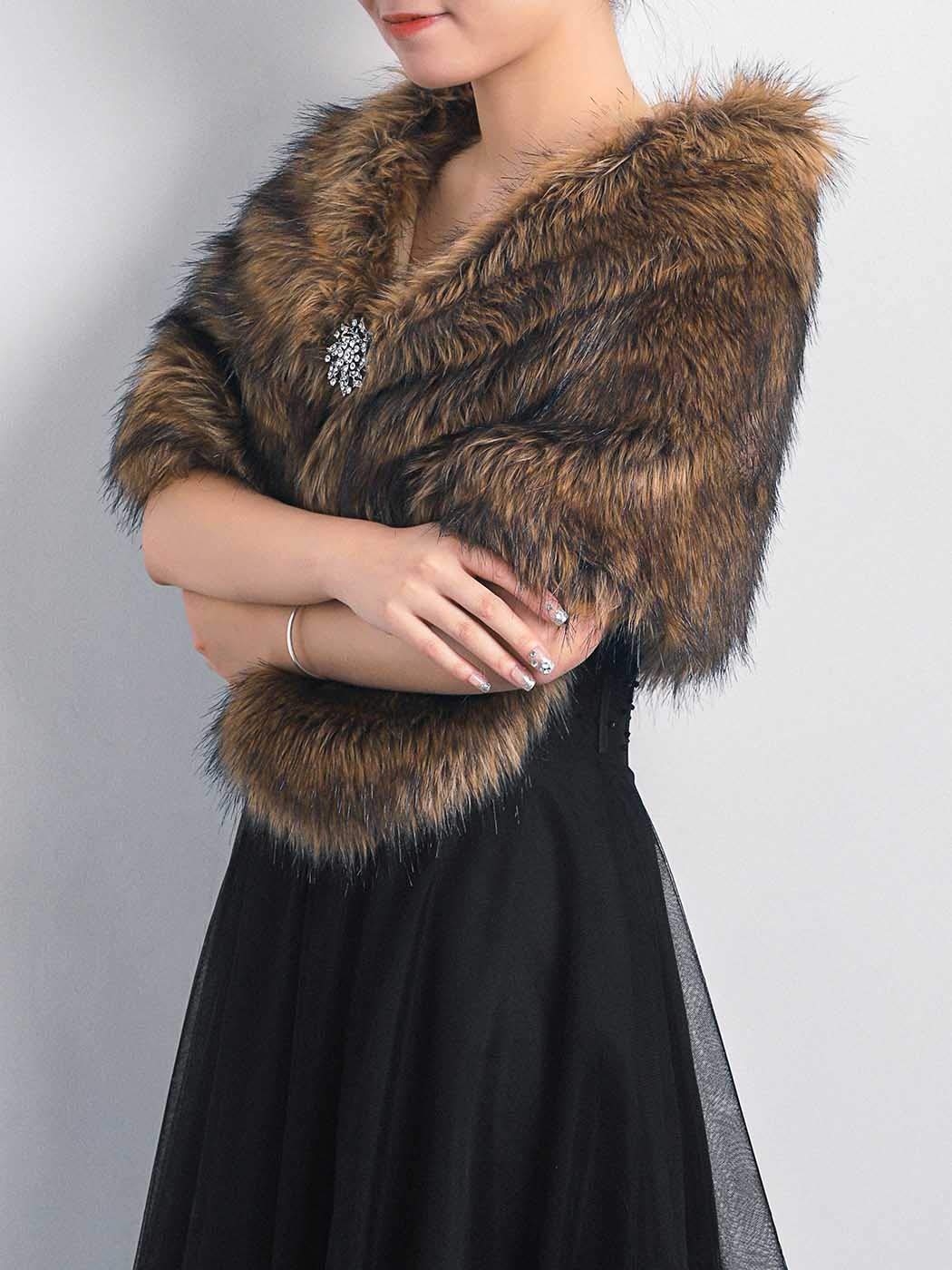 GORAIS Women's Wedding Faux Fur Shawls and Wraps Bridal Fur Scarf Stoles with Brooch for Bride and Bridesmaids (US 4-14(S-M), A Brown)