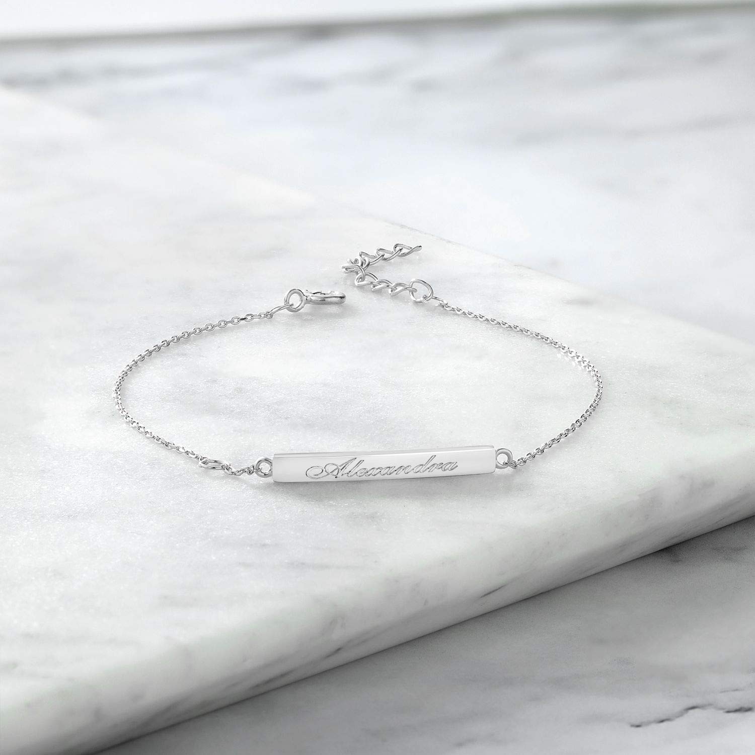 Gem Stone King 925 Sterling Silver Customized and Personalized Free Lazer Engraving 27X3MM Adjustable Chain ID Name Bar Bracelet For Women