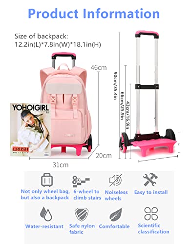 Solid-Color Rolling Backpack for Girls, Trolley Wheel School Bag, Wheeled Bookbag on 2 Wheels