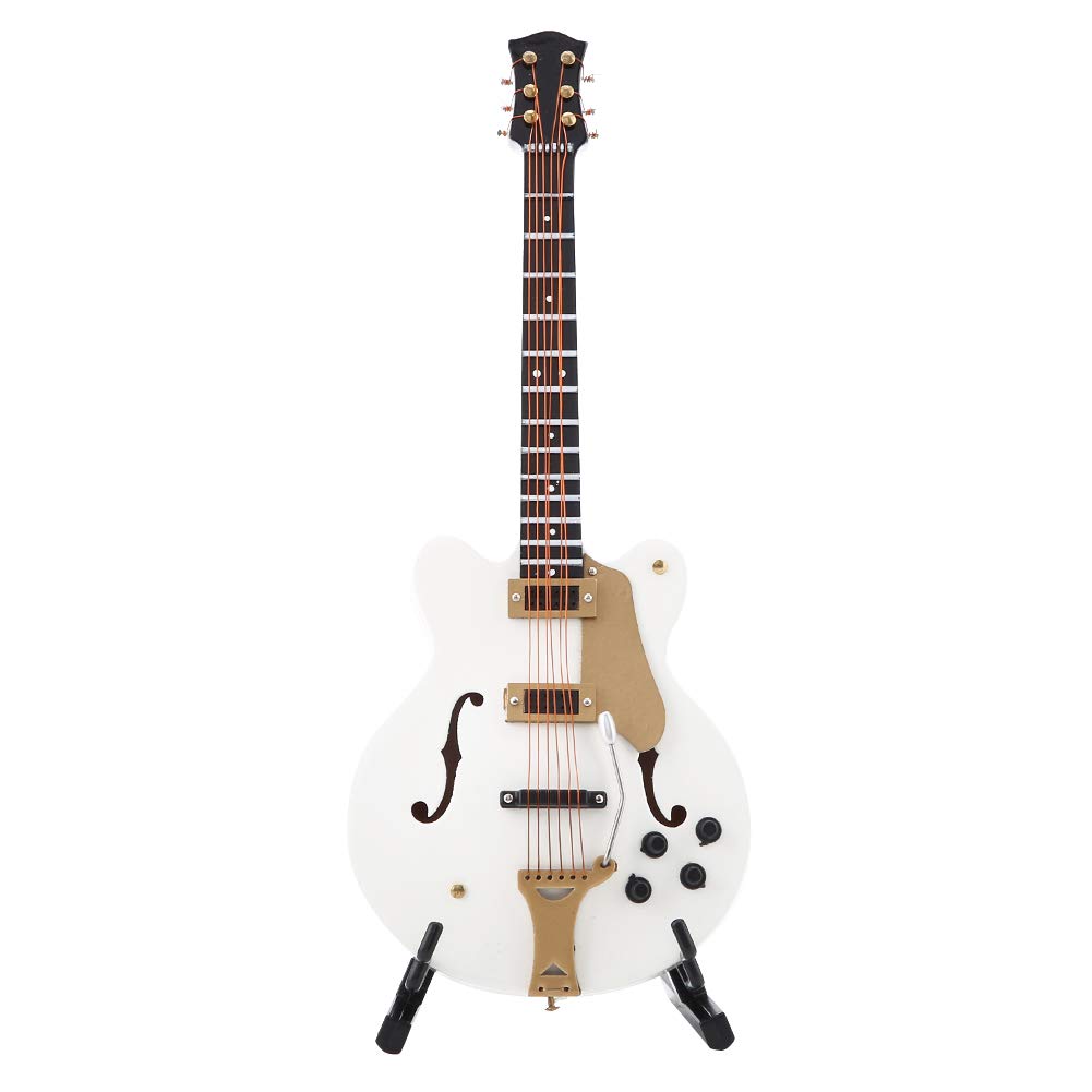 Hilitand White Miniature Guitar, 7in Instrument Model, with Adjustable AFrame Stand, Mini Musical Instrument, Electric Guitar Ornaments, Christmas/Birthday Gift