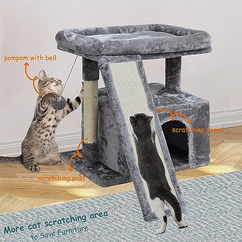 SIYIPURR Small Cat Tree for Indoor Cats,Cat Tower with Cat Scratching Post and Board,Cat House with Cat Perch for Kitten, Cat Condo,Stable Cat Stand (Light Grey)