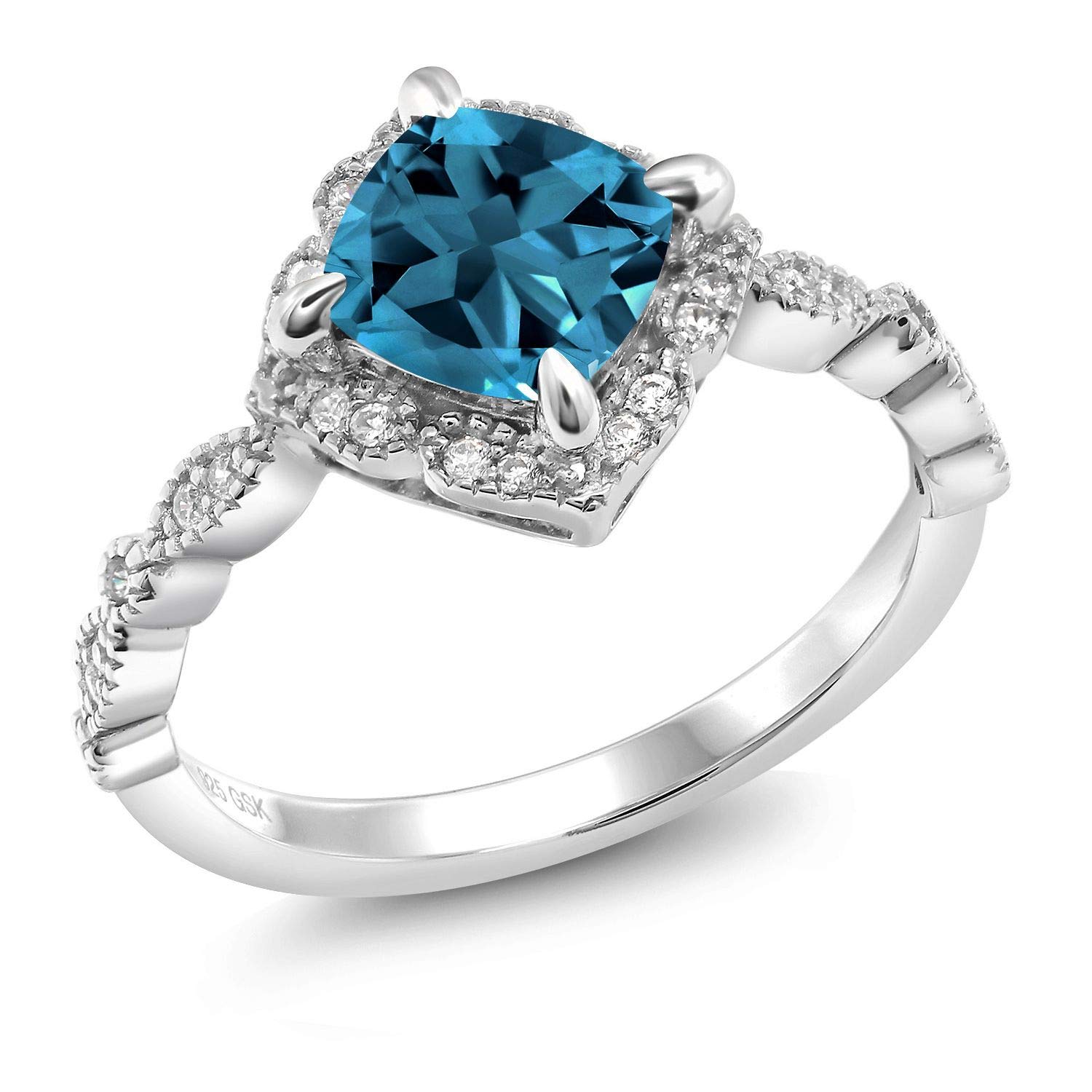 Gem Stone King 925 Sterling Silver London Blue Topaz and Moissanite Solitaire Engagement Ring For Women | 2.19 Cttw | Cushion Cut 7MM | Gemstone Birthstone | Available in Size 5, 6, 7, 8, 9