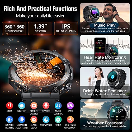 Smart Watches for Men,1.39โ Military Grade Waterproof Fitness watches with Bluetooth(Answer/Make Call) ,Smartwatch for Android and iPhone Compatible, with Heart Rate, blood pressure, body temperature