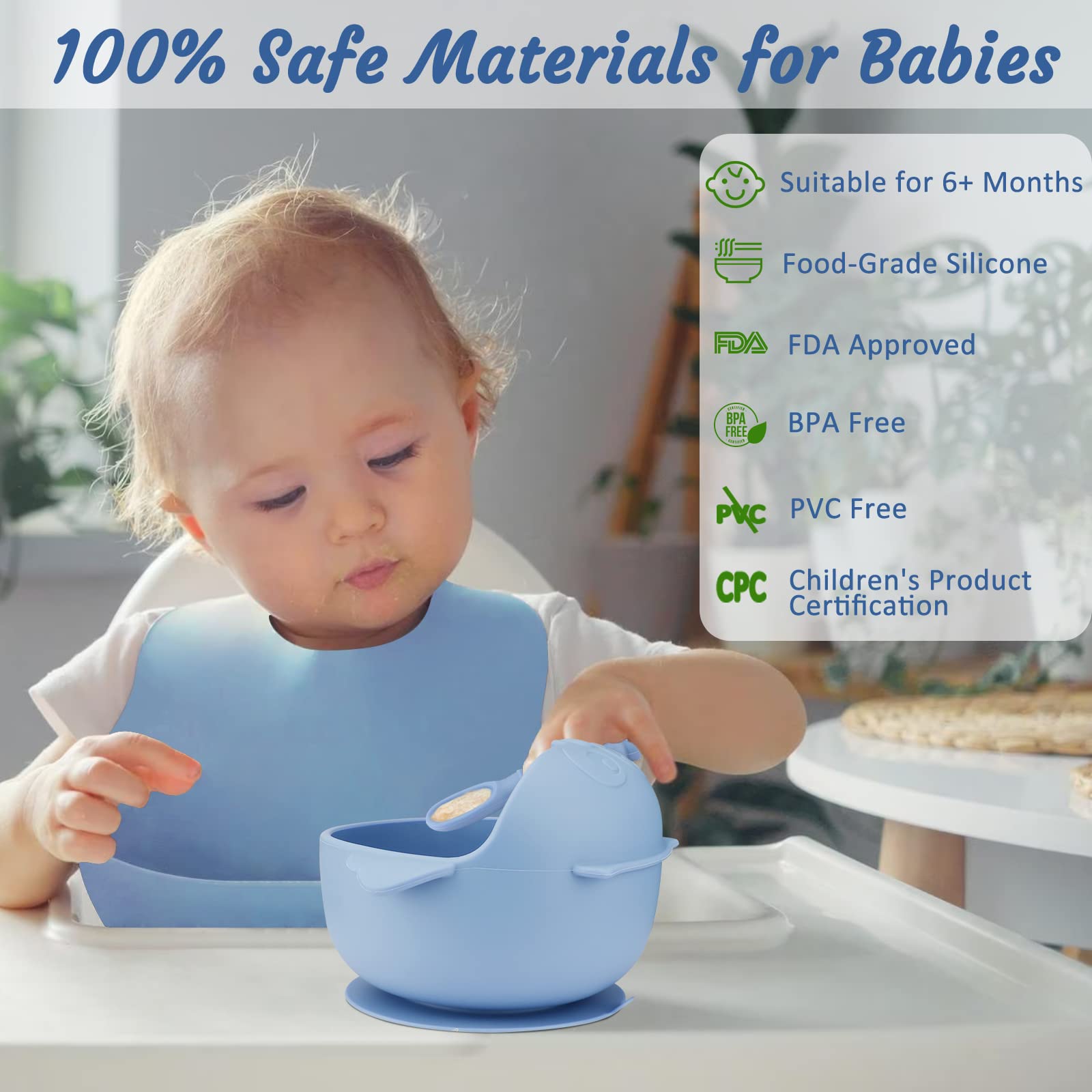 UHdod Silicone Baby Feeding Set, 12 PCS Baby Led Weaning Supplies with Suction Baby Plate and Bowl Set, Baby Spoon and Fork, Adjustable Bib, Sippy Cup with Straw and Lid, Baby Utensils for 6+Months