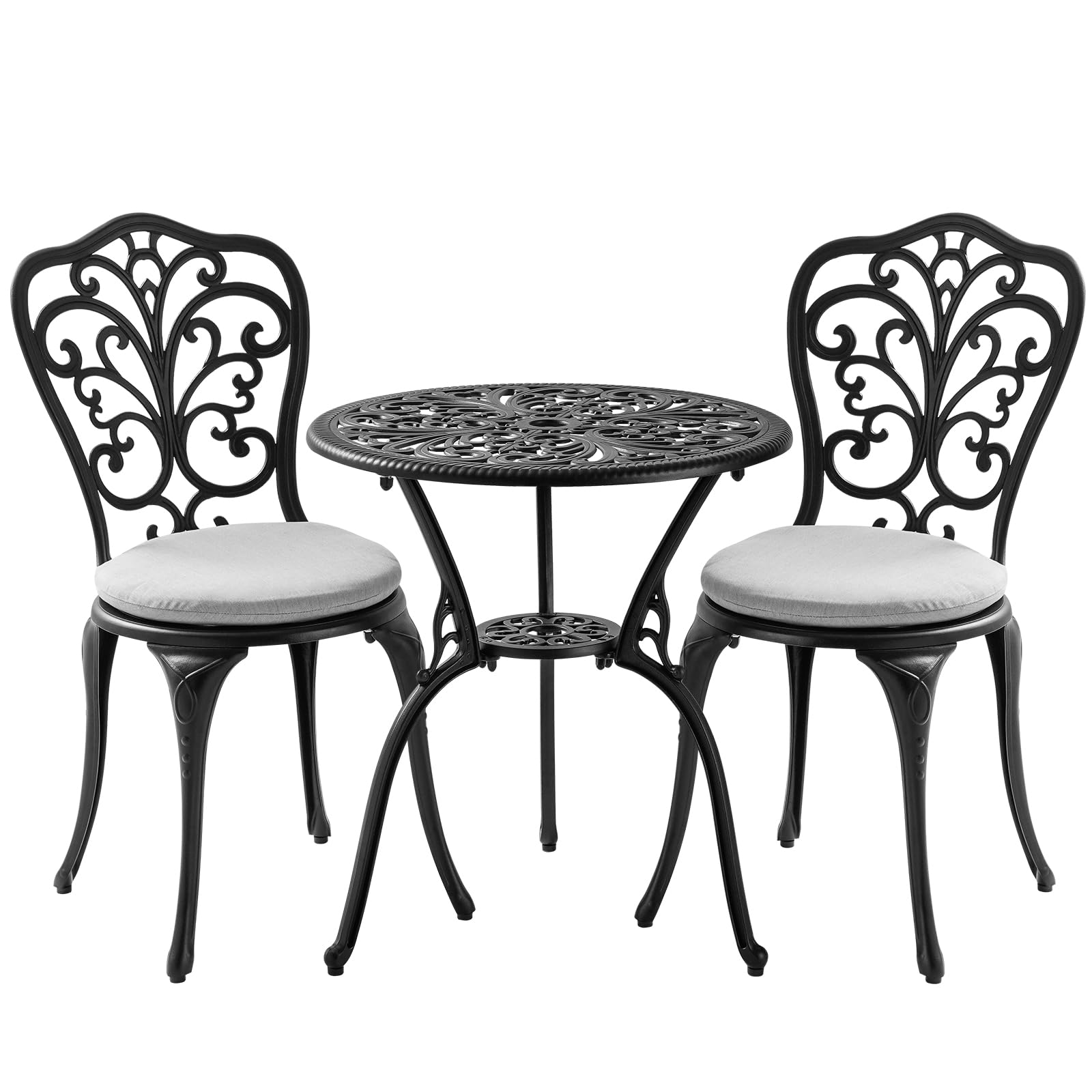 Withniture 3 Piece Bistro Patio Set Cast Aluminum Bistro Table and Chairs Set of 2 with Cushion,Outdoor Bistro Table Set with Umbrella Hole,All Weather Patio Furniture Set for Garden,Black