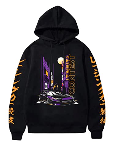 SOLY HUX Men's Graphic Hoodies Letter Car Print Long Sleeve Drawstring Pullover Sweatshirt Black M