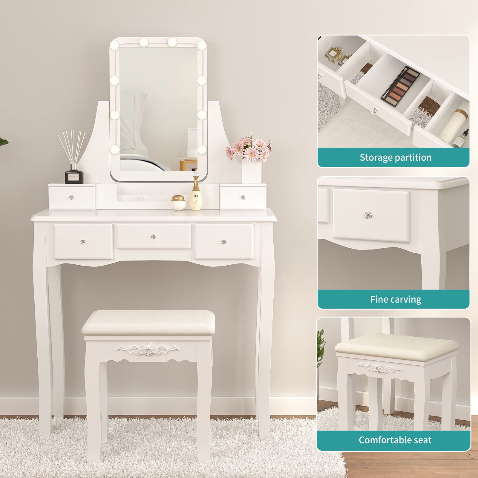 GinguoHome Vanity Set with Lighted Mirror Dimming, Makeup Vanity w/Touch Screen Switch,Dressing Table with Cushioned Stool&5 Drawers,3 Removable Dividers for Bedroom Vanity Desk White