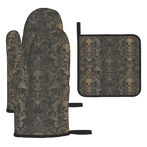 Gothic Wallpaper Skull Printed Oven Mitt and Pot Holders Set of 3 Non-Slip Cooking Gloves Heat Resistant Hot Pads for Kitchen BBQ Baking
