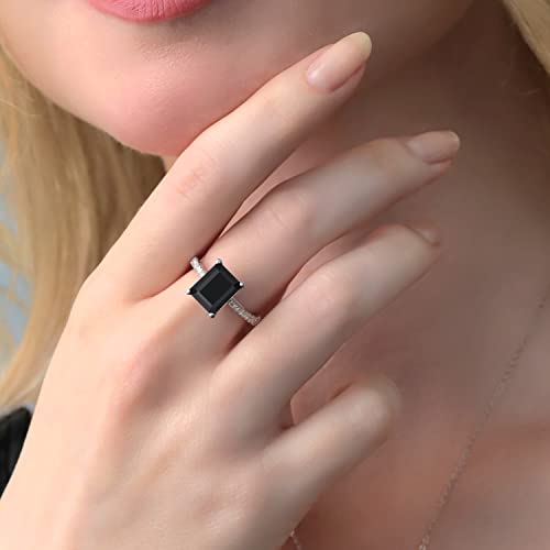 Gem Stone King 925 Sterling Silver Black Onyx and White Created Sapphire Women's Wedding Engagement Ring (3.39 Cttw, Gemstone Birthstone, 10X8MM Emerald Cut, Available In Size 5, 6, 7, 8, 9)