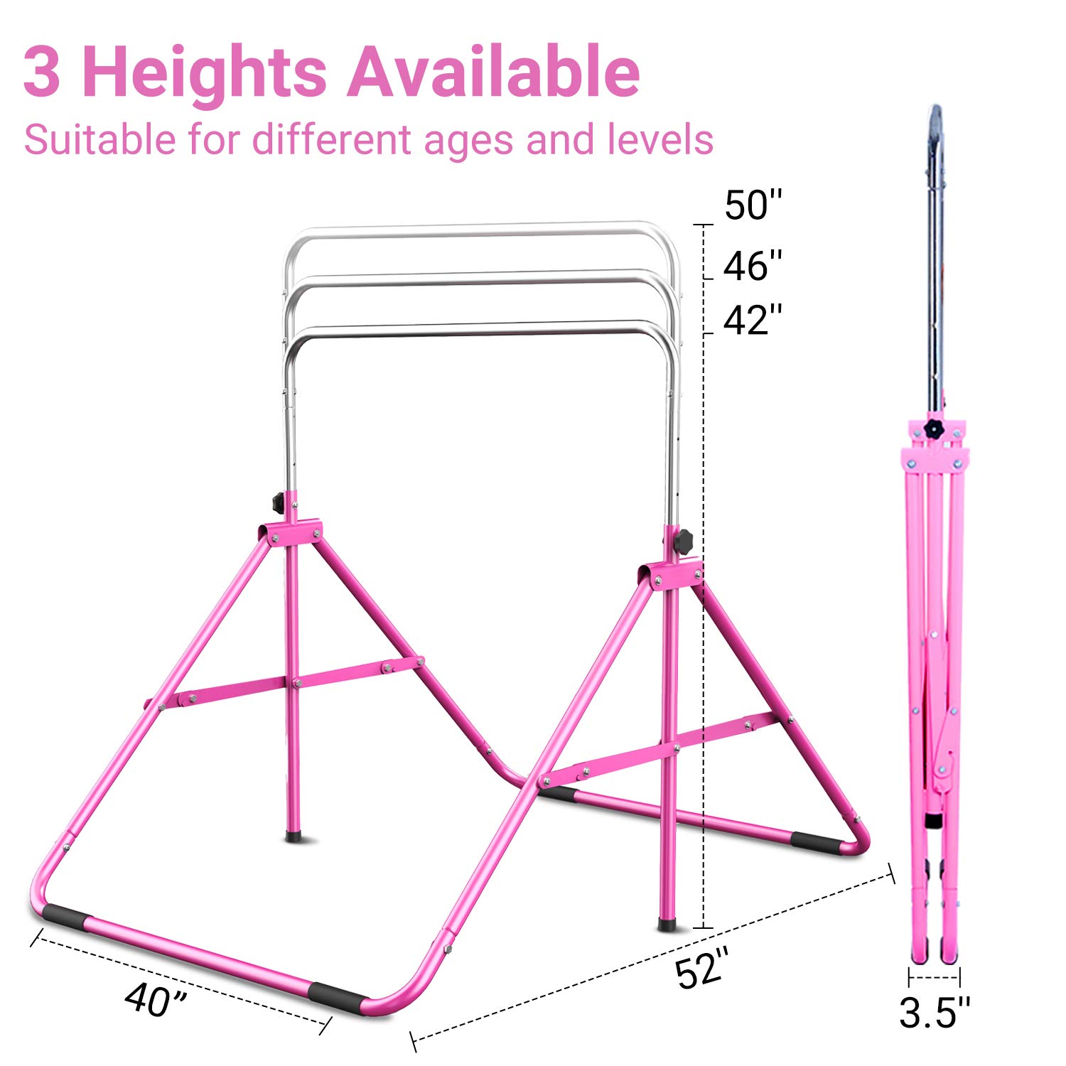 Gymbarpro Gymnastics Bars for Kids, Adjustable Horizontal Bar, Junior Training Bars Folding Monkey Bars for Beginner Practicing Home Kids Gymnastics Equipment for Home (Pink Upgrade)